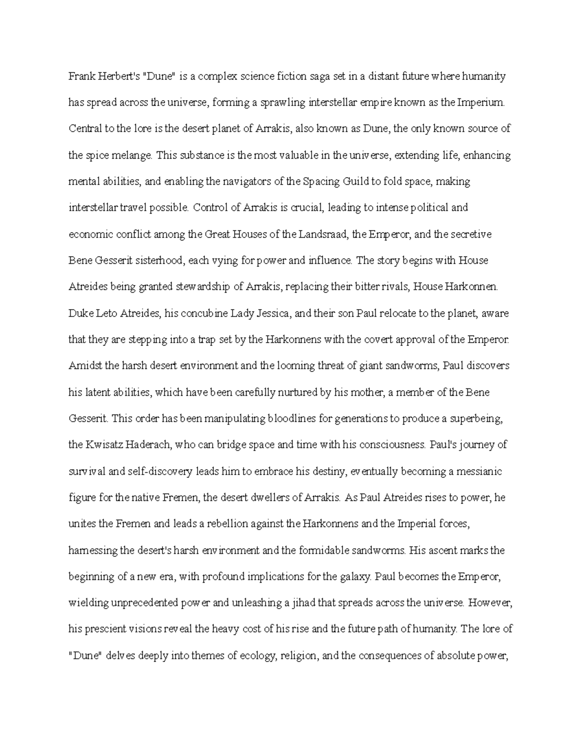 Dune - Summary Dune - Dune - Frank Herbert's "Dune" is a complex ...