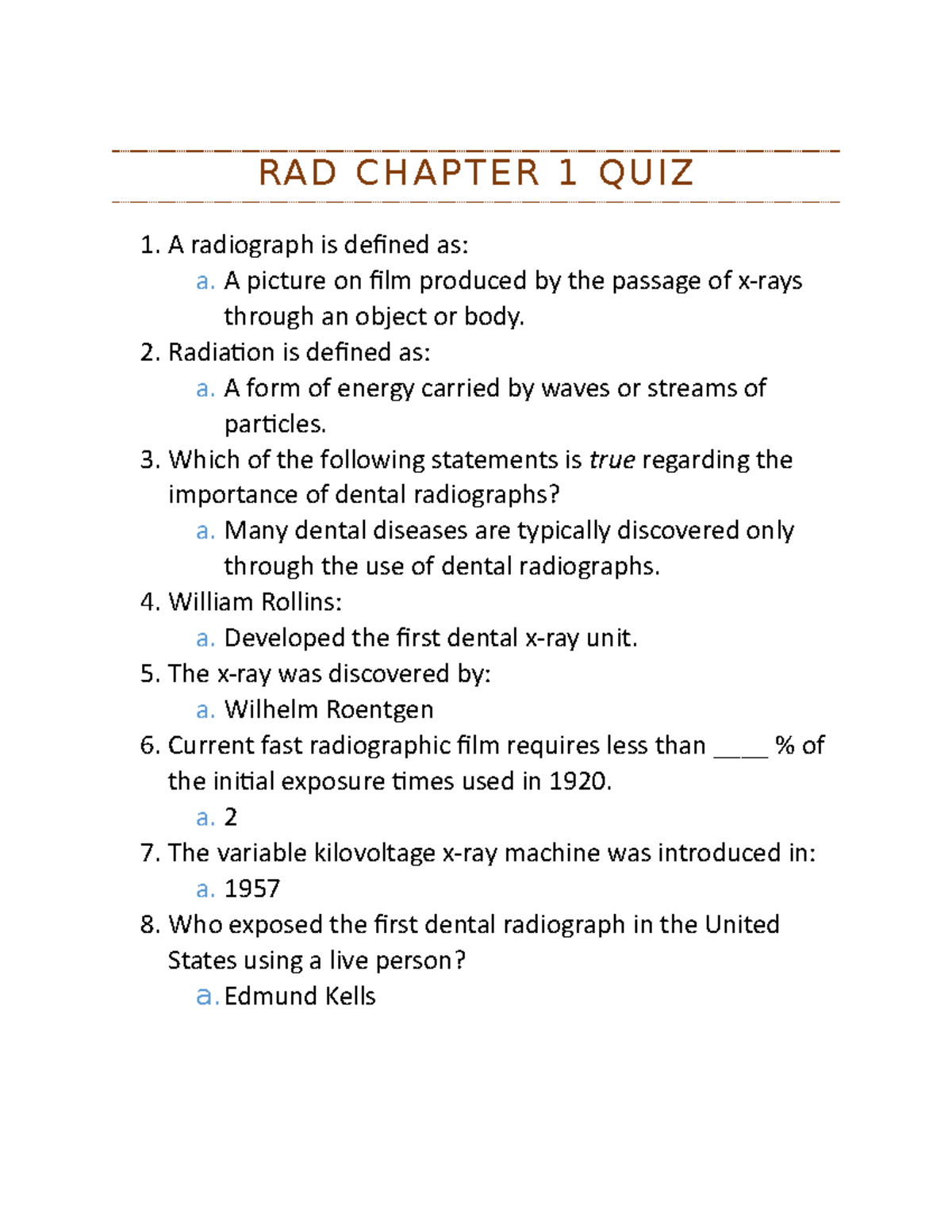 RAD Chapter 1 Quiz - Questions and Answers - RA D C H A P T E R 1 Q U I ...
