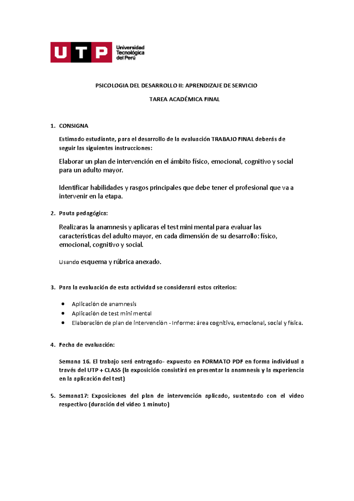 Lineamientos para la Trabajo Final - PSICOLOGIA DEL DESARROLLO II: APRENDIZAJE DE SERVICIO TAREA ...