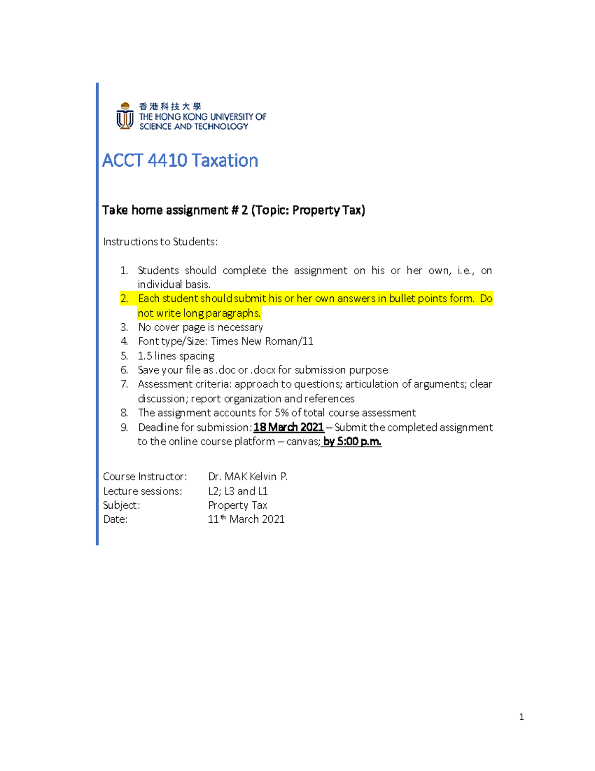 [answer key] Take home exercise No 2 - Property Tax (2021S) - 1 ACCT ...