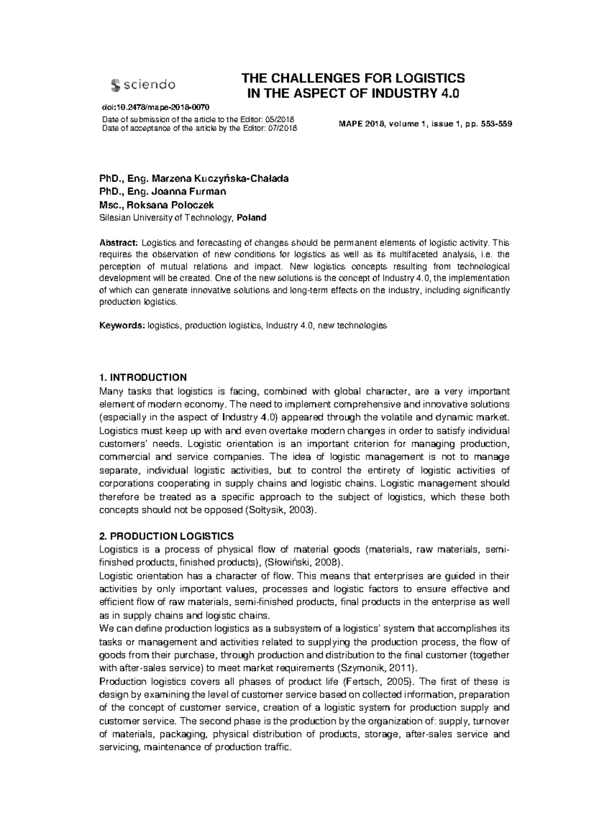 The Challenges for Logistics in the - THE CHALLENGES FOR LOGISTICS IN ...