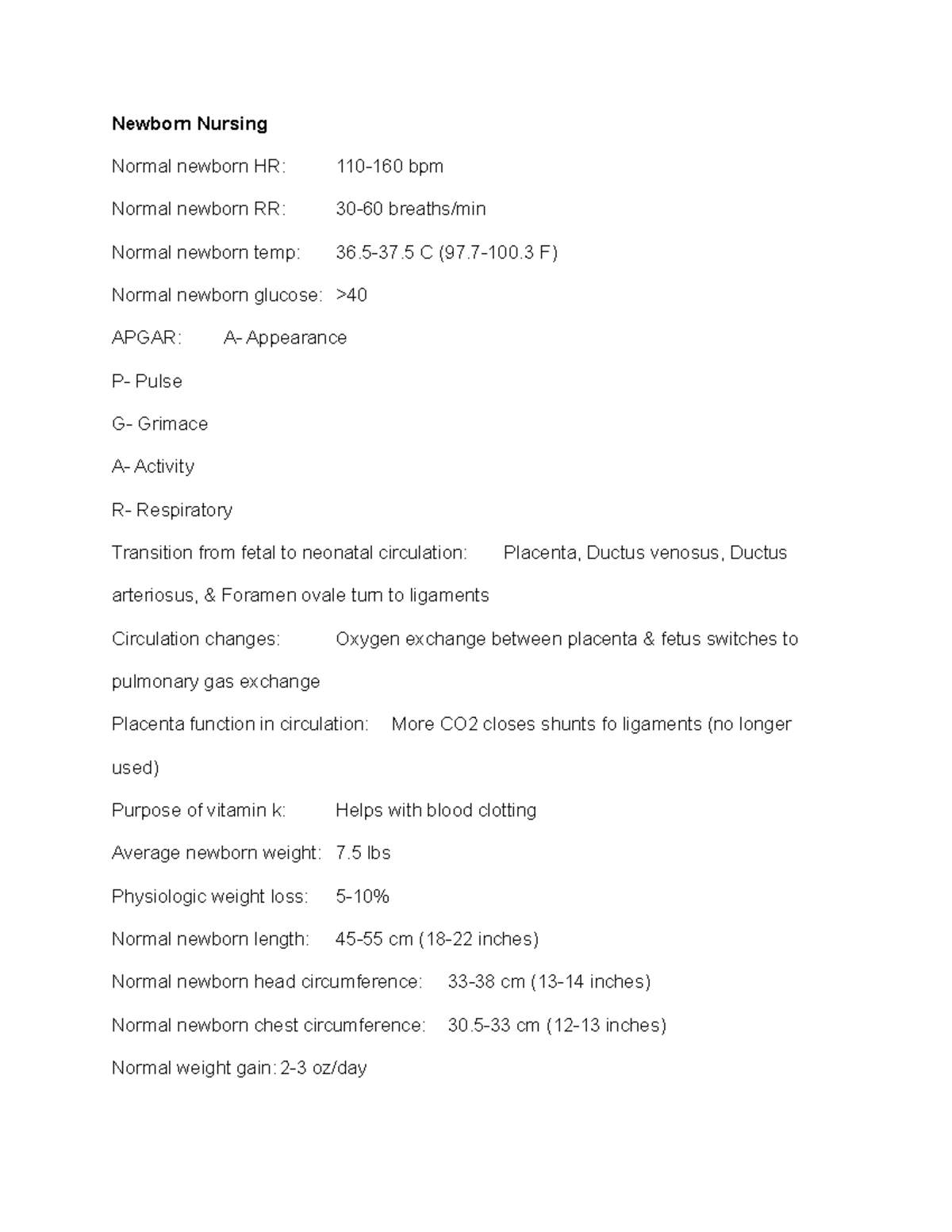 Newborn Nursing - study notes - Newborn Nursing Normal newborn HR: 110 ...