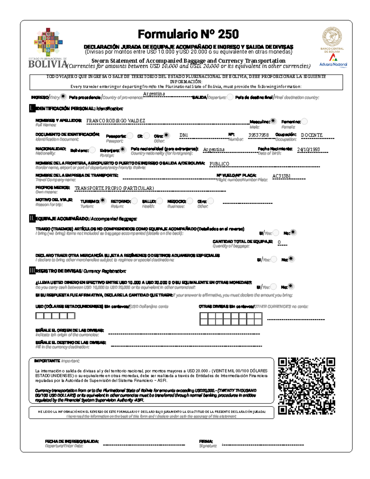 Anbsw 01.aduana.gob - Formulario Nº 250 DECLARACIÓN JURADA DE EQUIPAJE ...