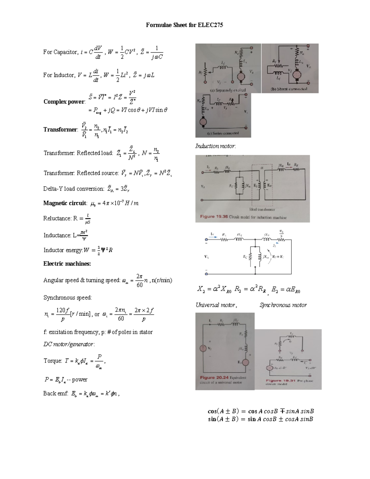 Formulae Sheet for ELEC275 - Formulae Sheet for ELEC For Capacitor, dV ...