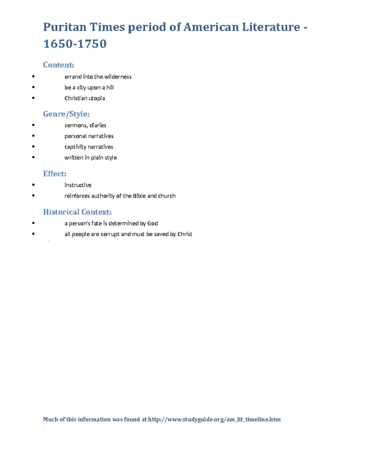 Review for final sem 1 2013- Eng III - Puritan Times period of American ...