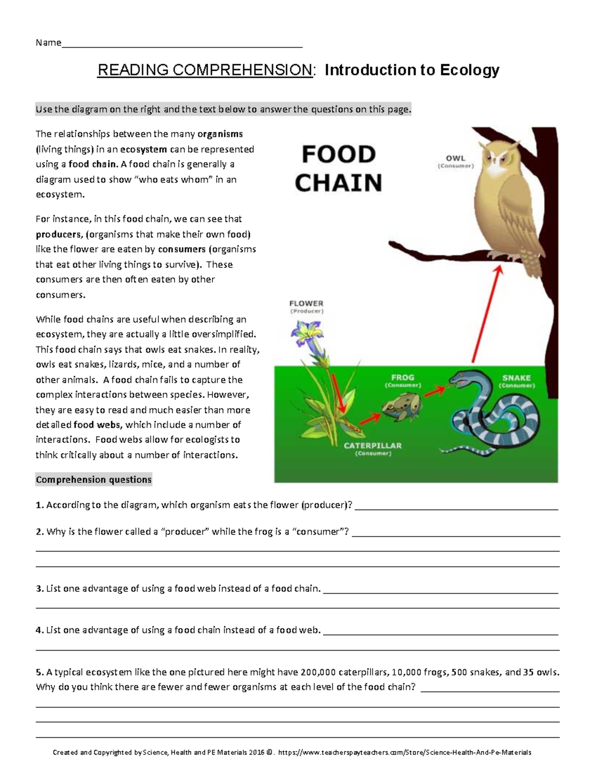 Introto Ecology Reading Comprehension Worksheet-1a - - Studocu