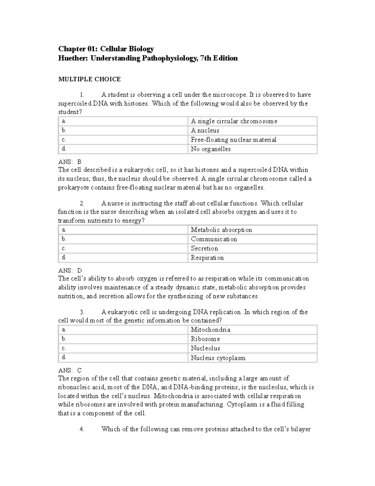 Exam study sheet 1/30 - Chapter 01: Cellular Biology Huether ...