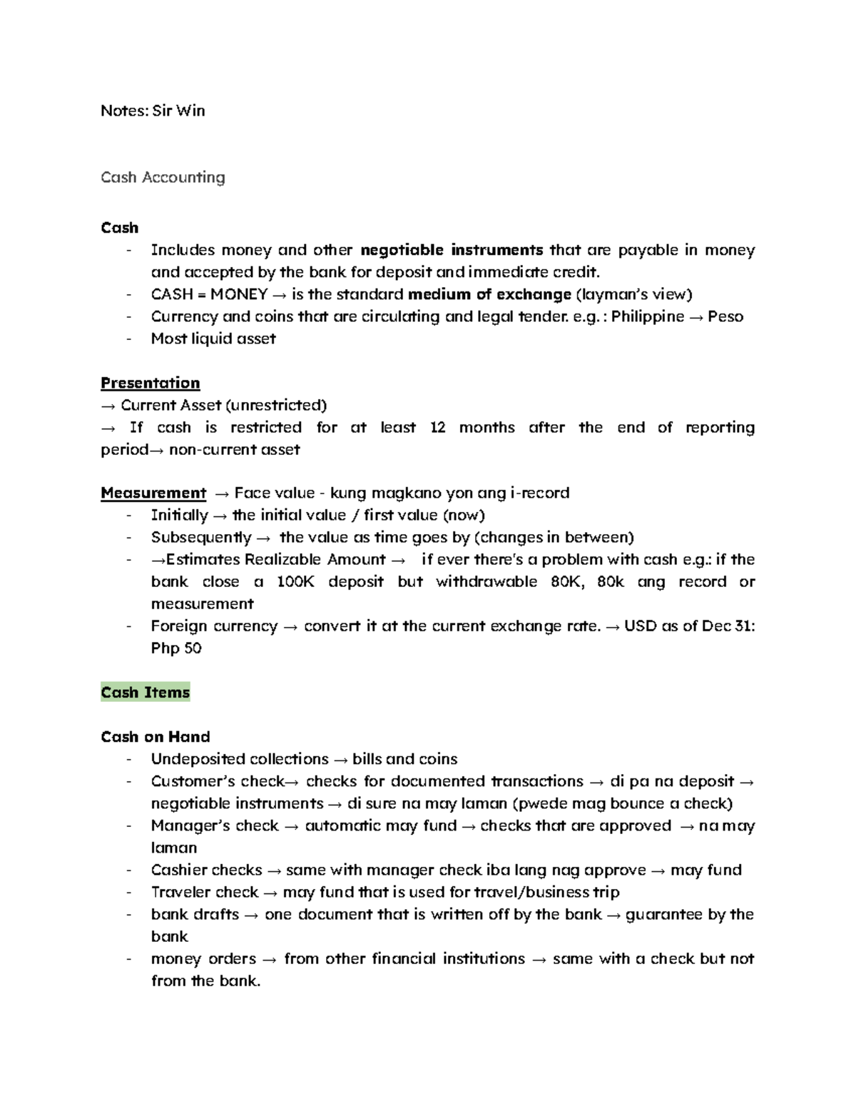 Acyfar 1 - lecture notes - Notes: Sir Win Cash Accounting Cash ...