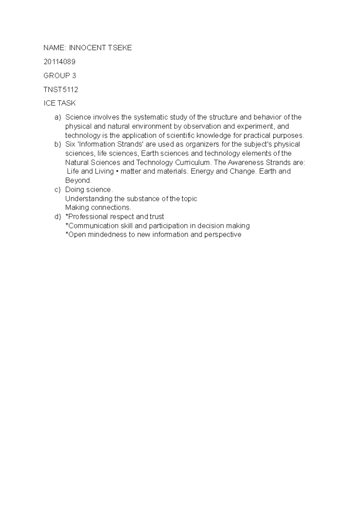 ICE TASK - ICE TASK - NAME: INNOCENT TSEKE 20114089 GROUP 3 TNST ICE ...