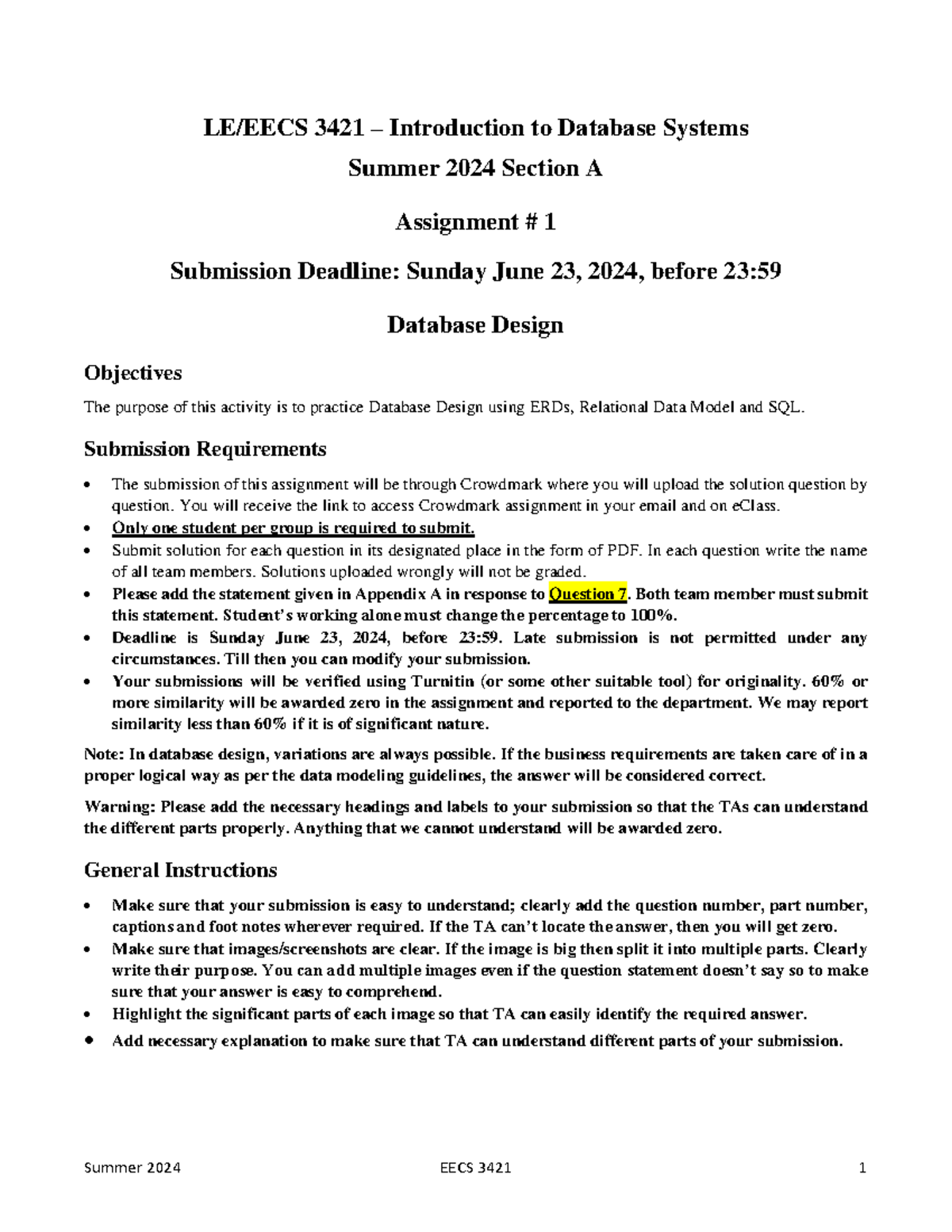 EECS3421 S24 A01 - ITS GOOD FOR ASSIGNMENTS - LE/EECS 3421 – Introduction to Database Systems ...