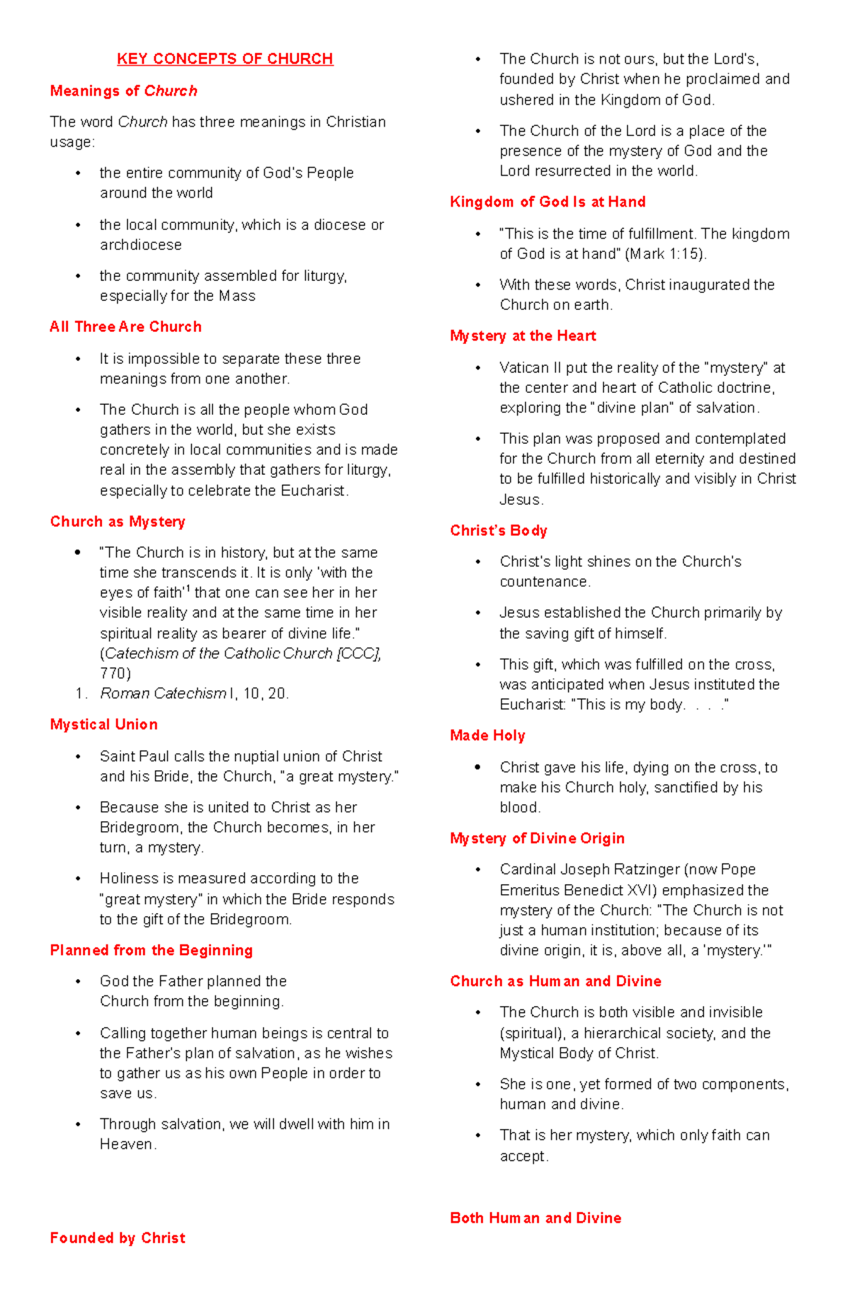 RS KEY Concepts OF Church Handouts - KEY CONCEPTS OF CHURCH Meanings of ...