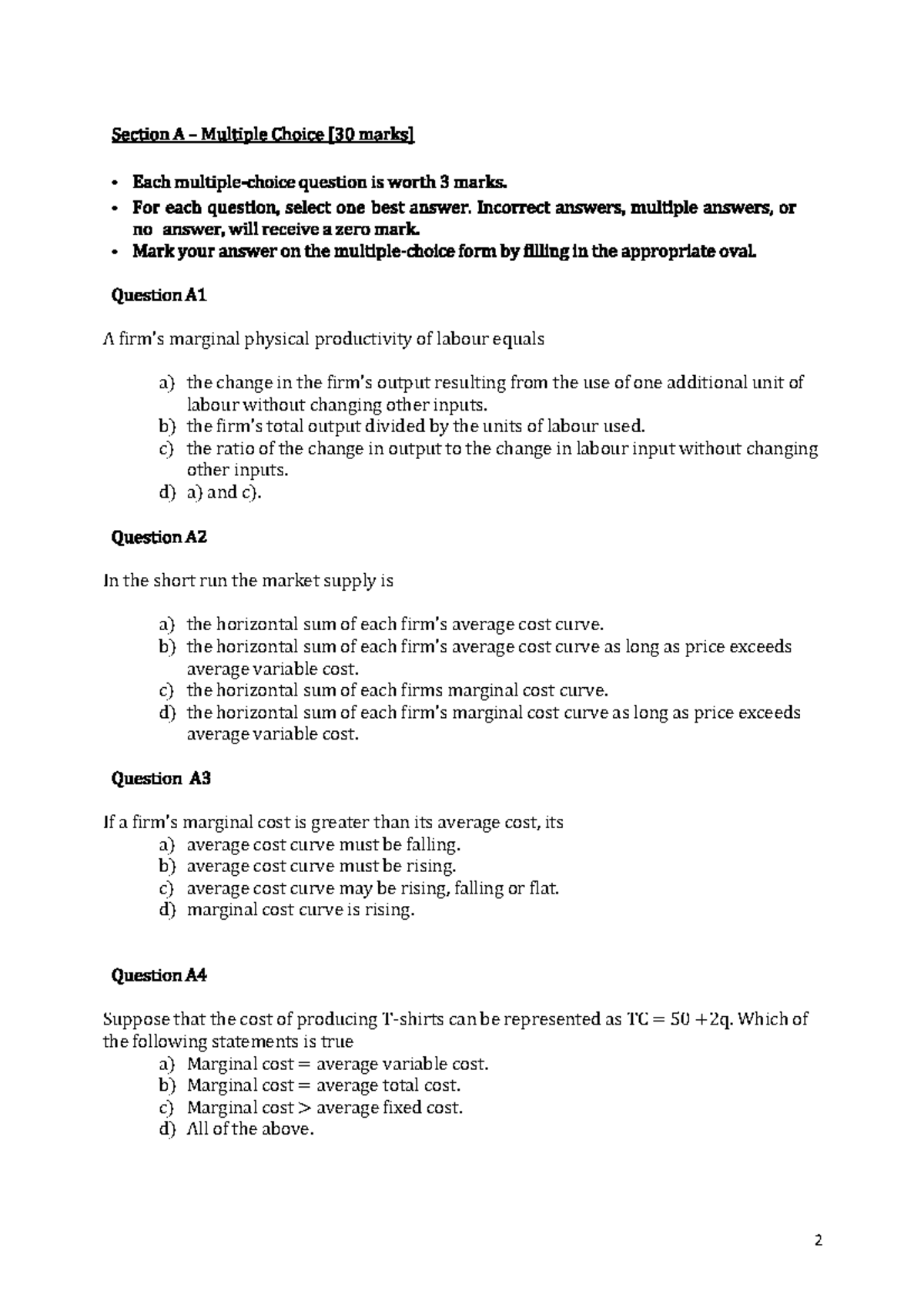 Final exam 2017, questions - Section A – Multiple Choice [30 marks ...