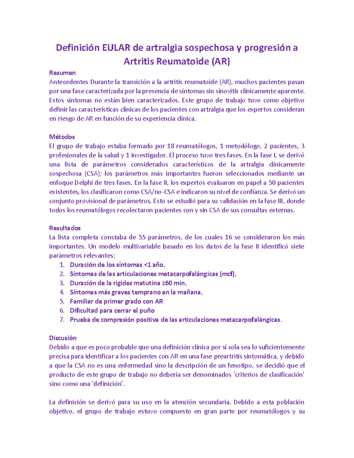 Definición EULAR de artralgia sospechosa y progresión a Artritis ...