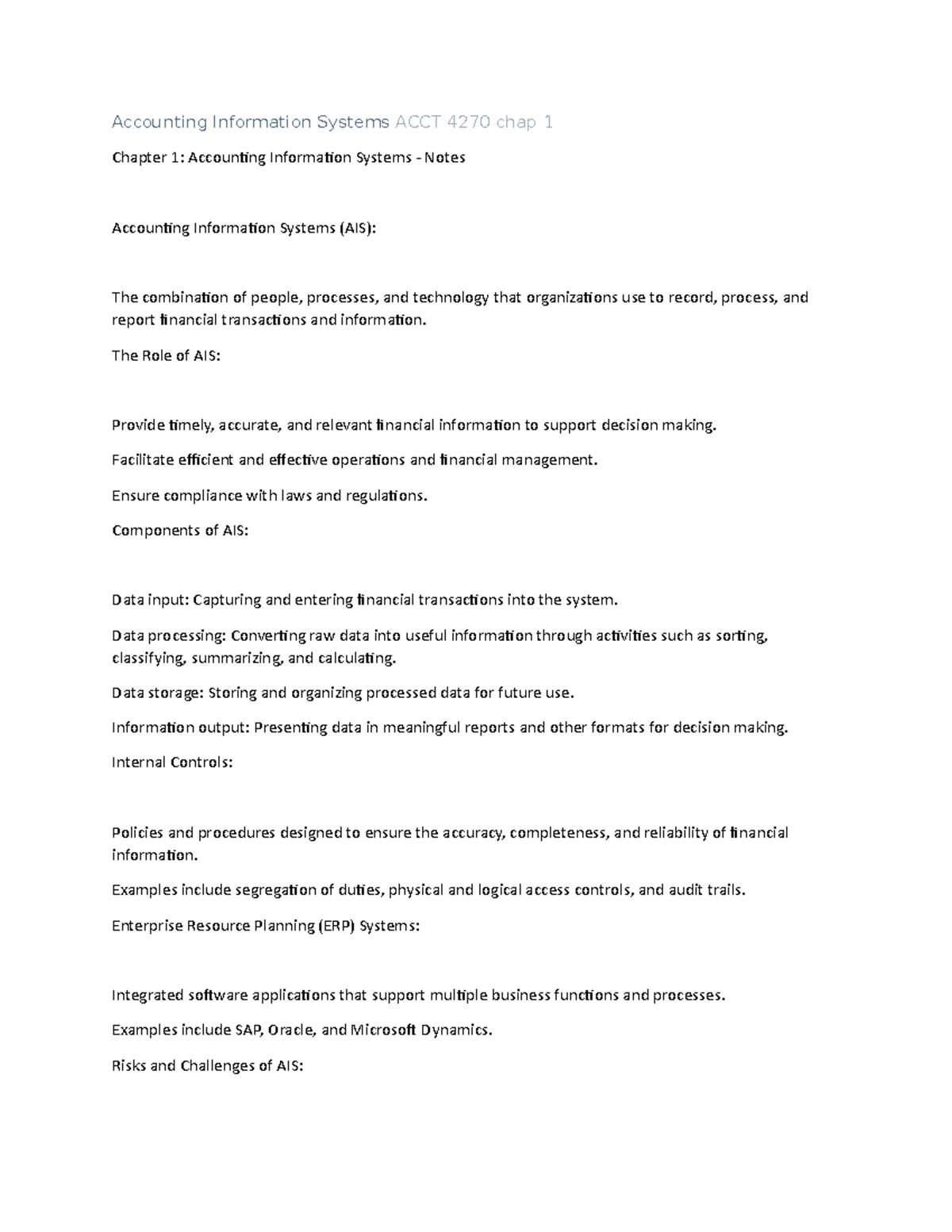 Accounting Information Systems ACCT 4270 chap 1 - The Role of AIS ...