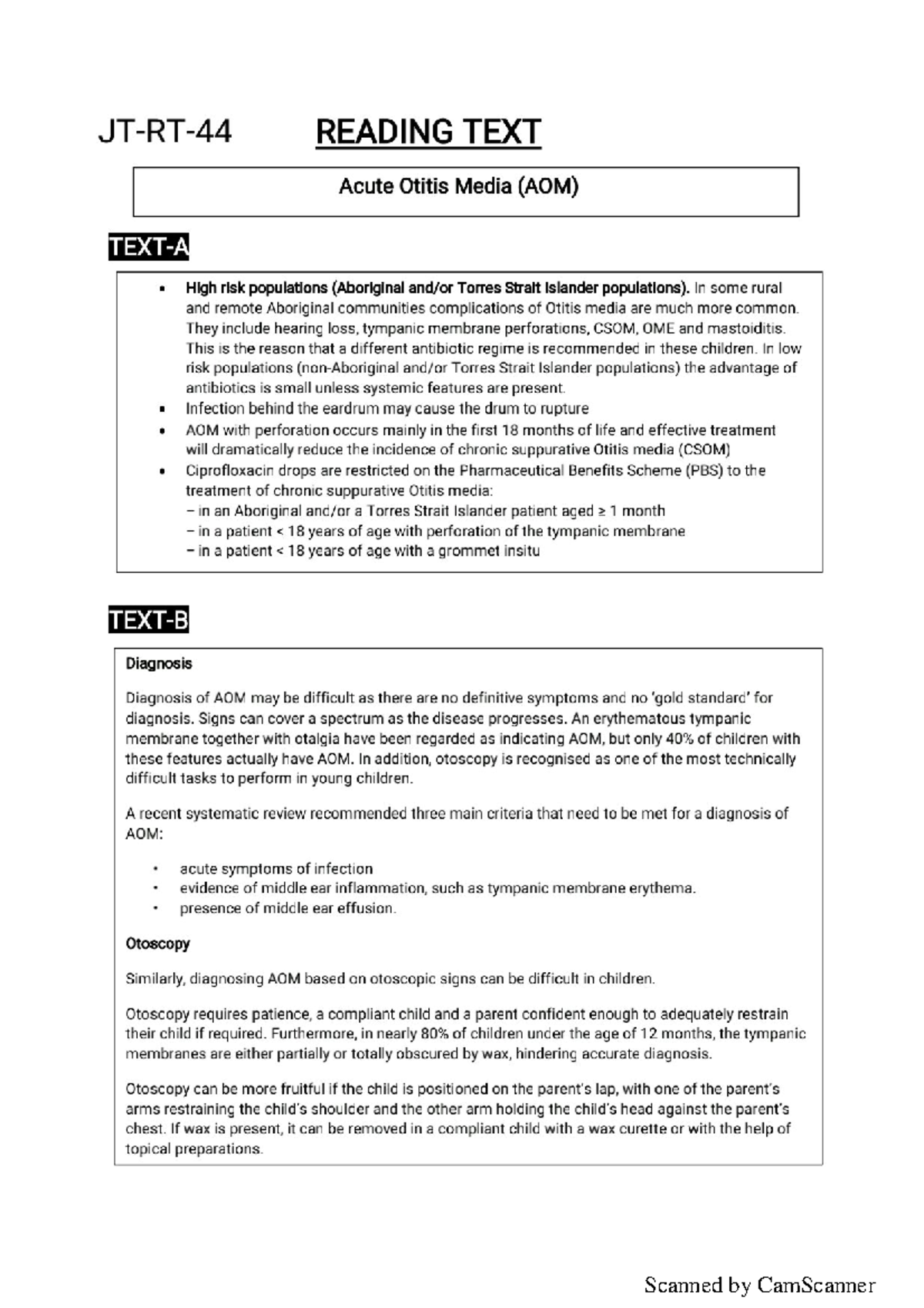 OET reading part A-Acute otitis media - Bsc Nursing - Studocu