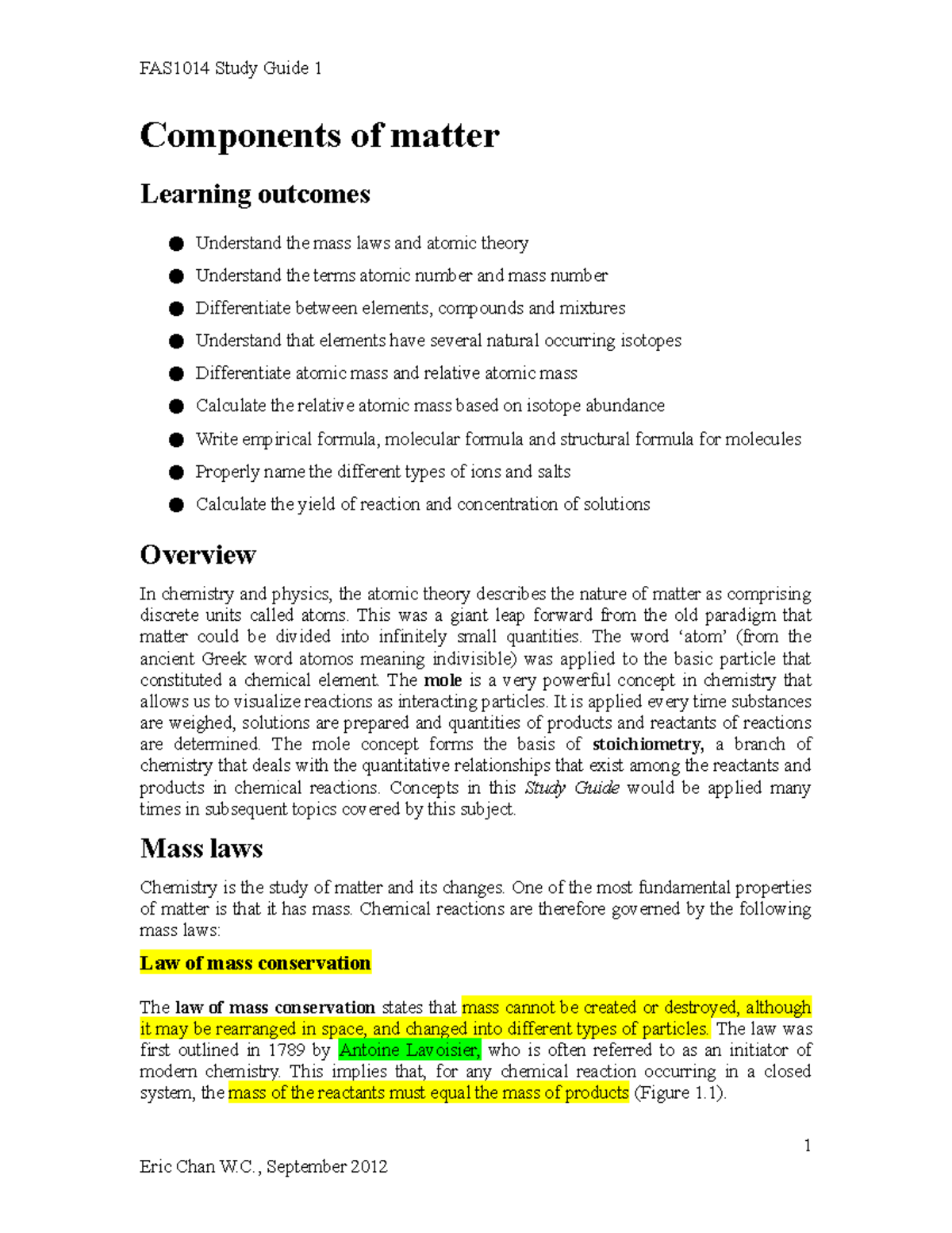 Arch FAS 1014 Study Guide 1 - Components of matter Learning outcomes ...