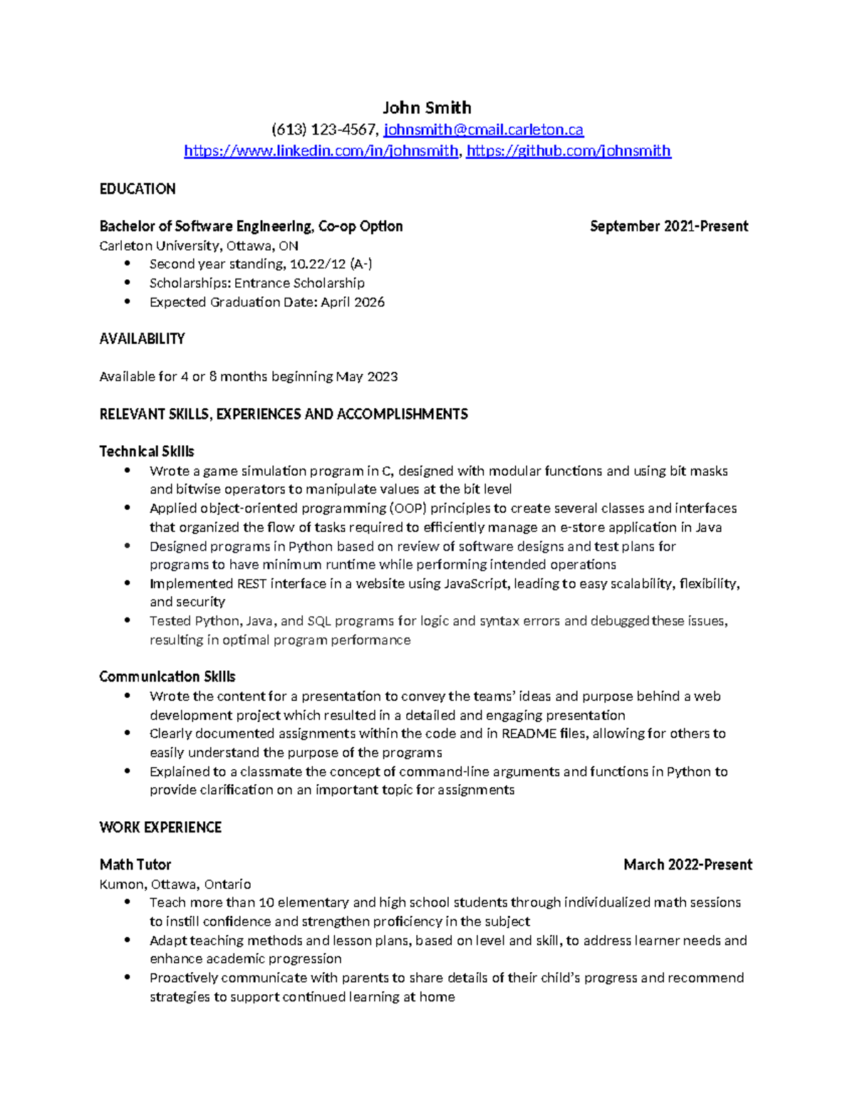 Soft Eng Resume - John Smith (613) 123-4567, johnsmith@cmail.carleton ...