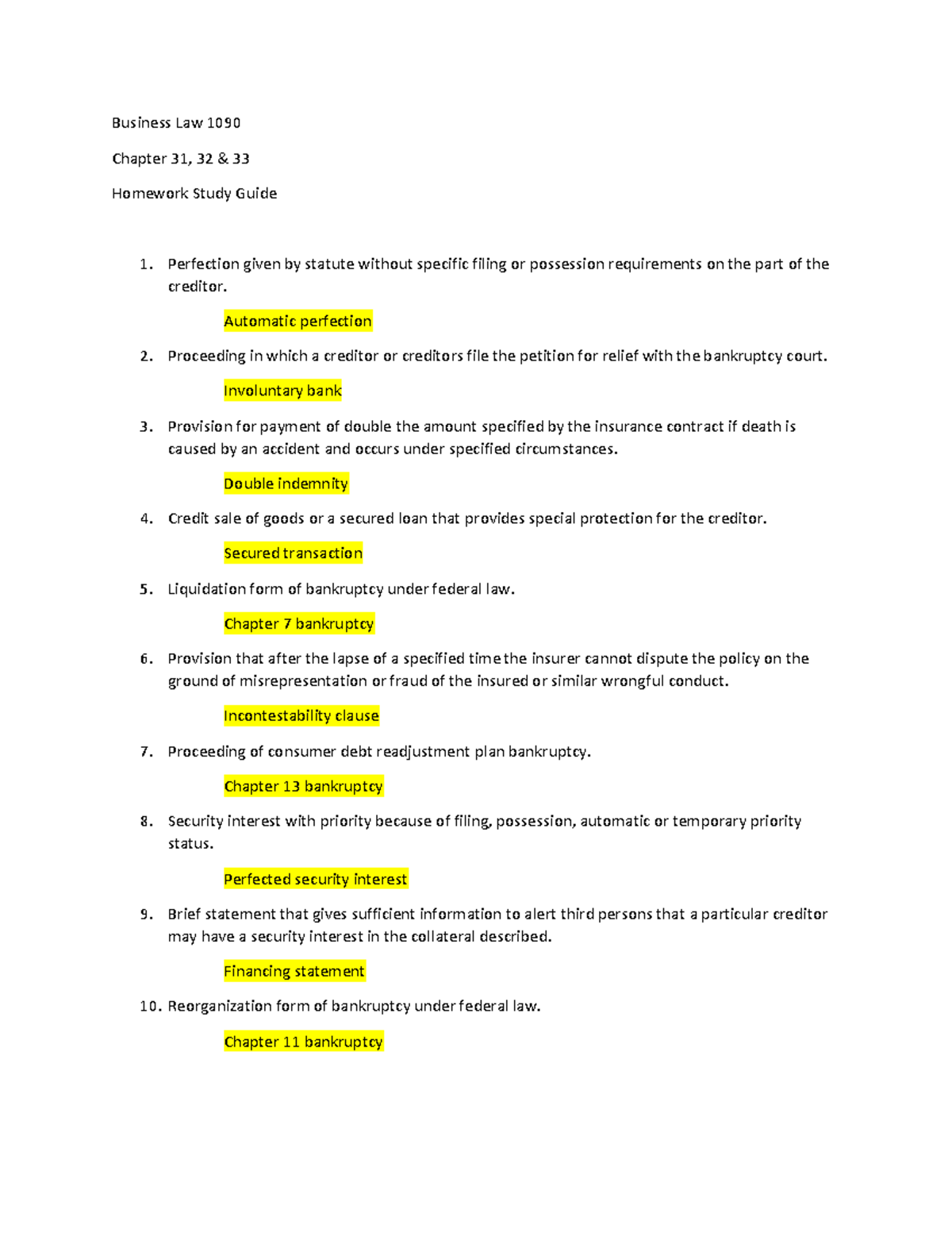 Business Law 1090 Chapter 31,32&33 Homework and Study Guide - Business ...