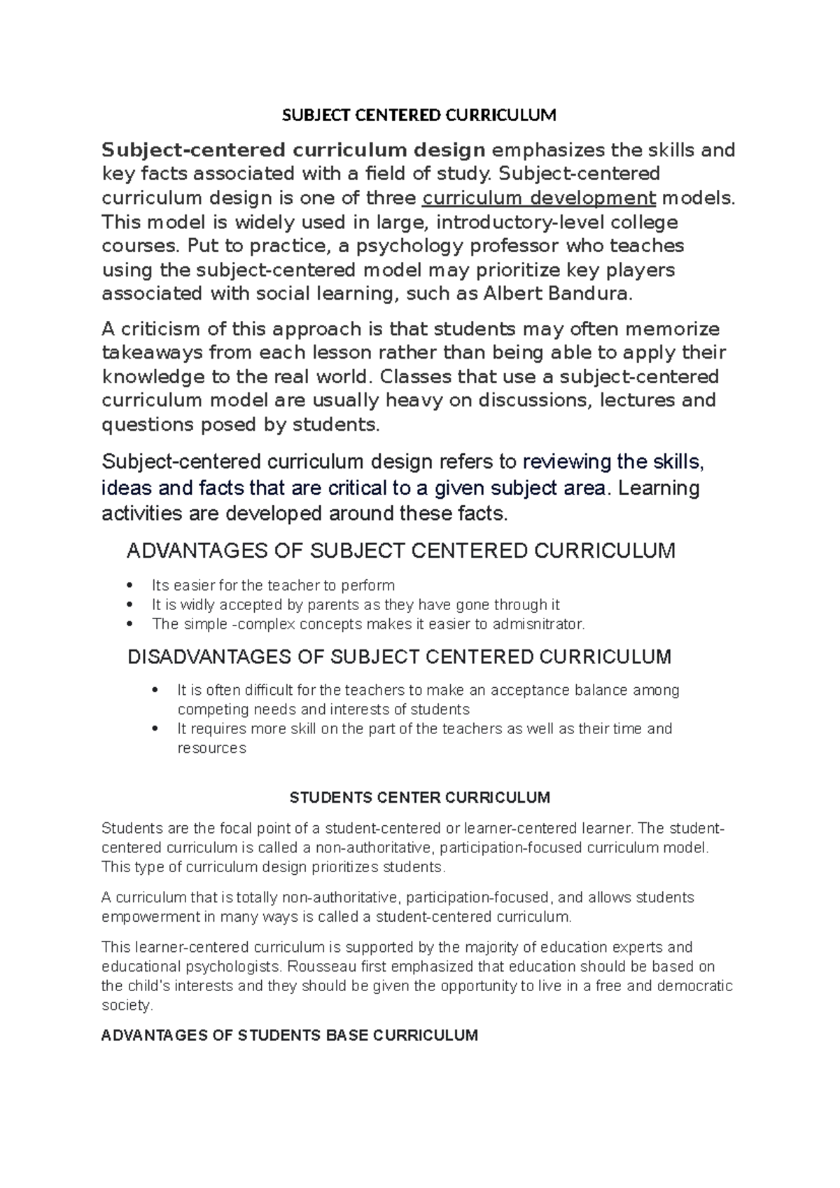 Type's of Curriculum - SUBJECT CENTERED CURRICULUM Subject-centered ...