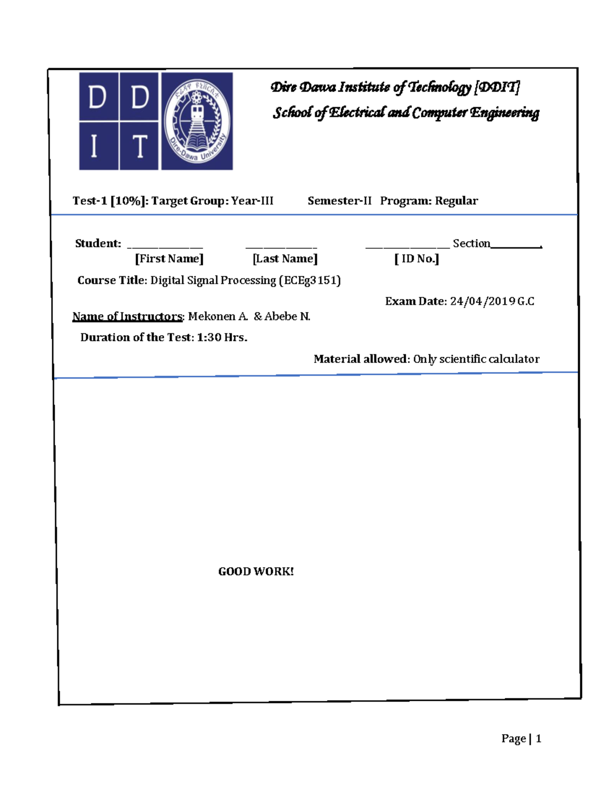 DSP Test-1 recovered - Practice Test - Page | 1 Dire Dawa Institute of ...