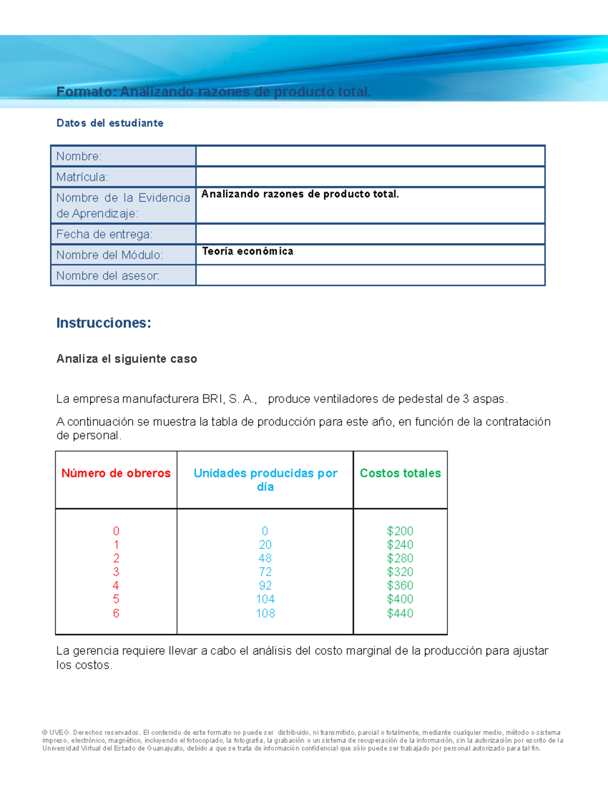 Analizando razones de producto total - Datos del estudiante Nombre ...