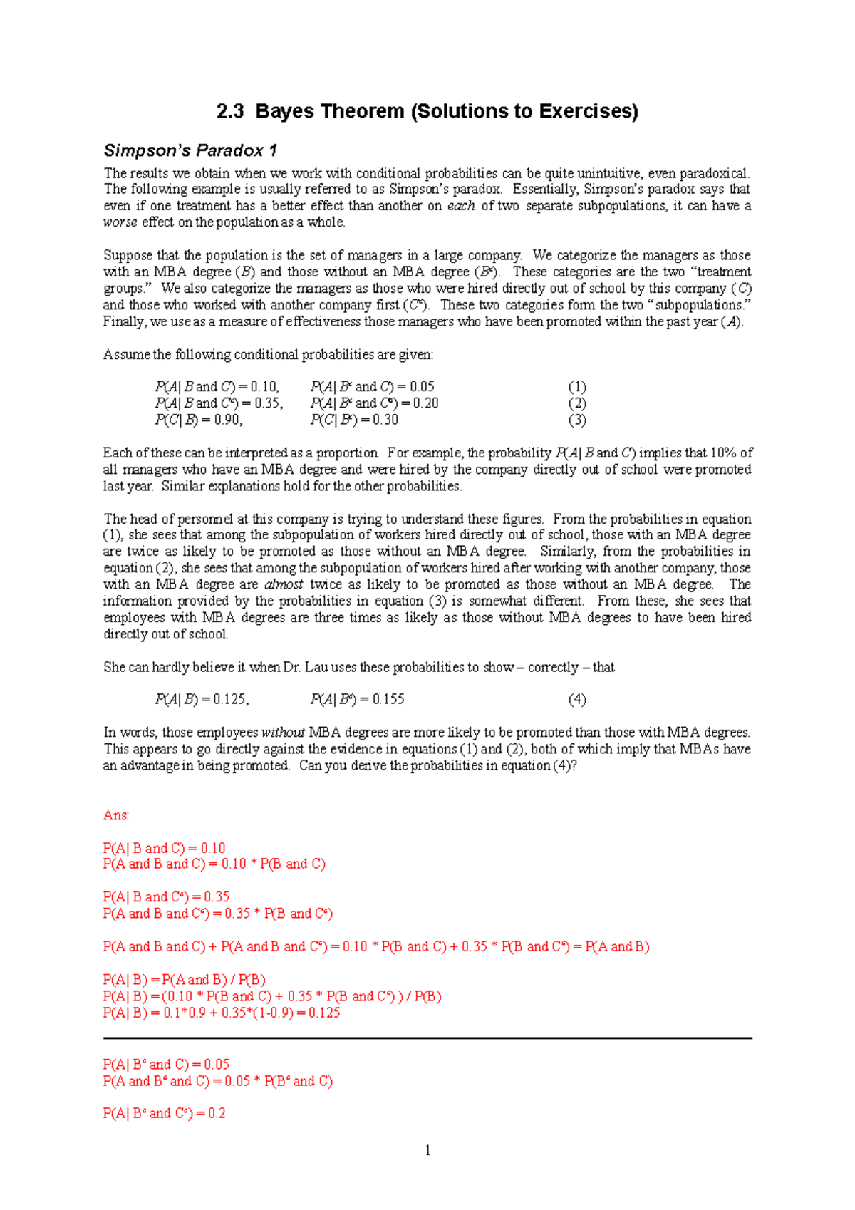 2.3 Bayes Theorem (Solutions to Examples) - 2 Bayes Theorem (Solutions to Exercises) Simpson’s ...