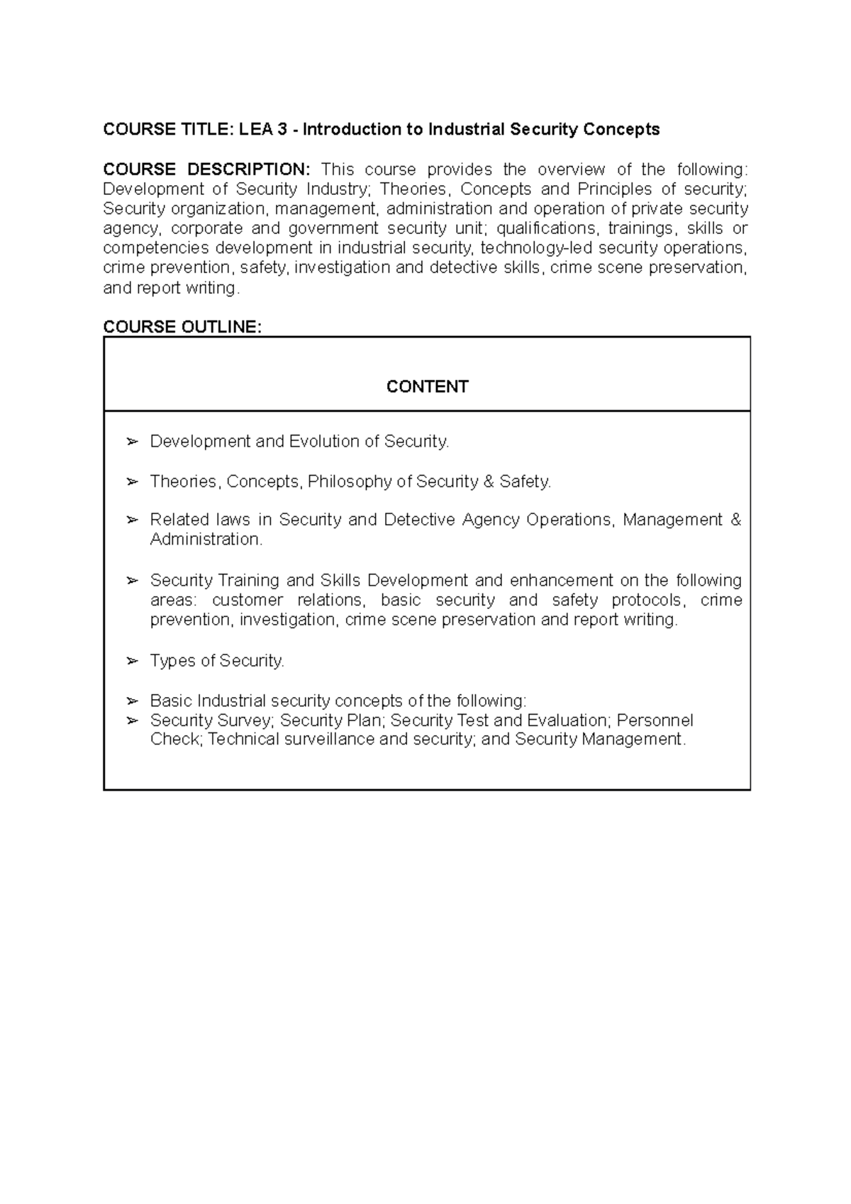 Course- Outline - COURSE TITLE: LEA 3 - Introduction to Industrial ...
