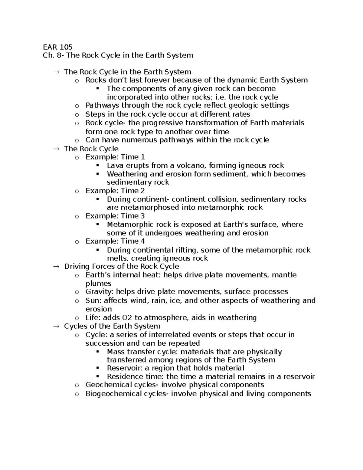 Ch. 8 the rock cycle - chapter 8 notes for Fitzgerald - EAR 105 Ch. 8 ...