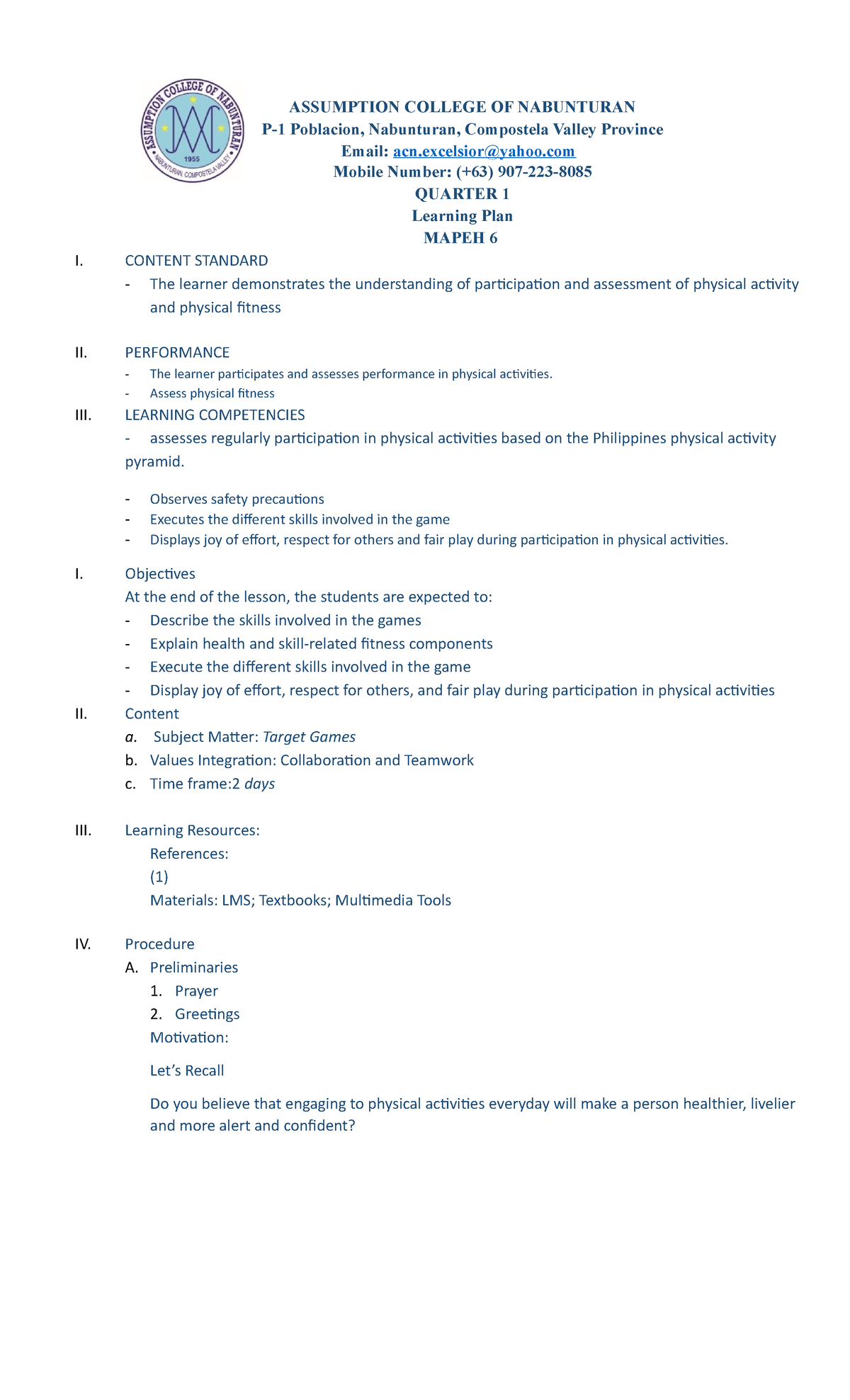 Lesson plan week - ASSUMPTION COLLEGE OF NABUNTURAN P-1 Poblacion ...