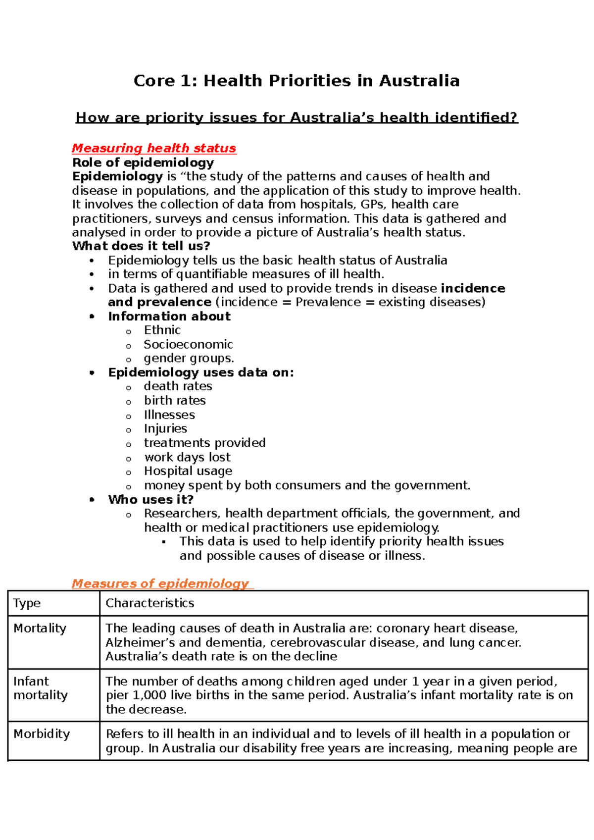 Core 1 notes - Core 1: Health Priorities in Australia How are priority ...