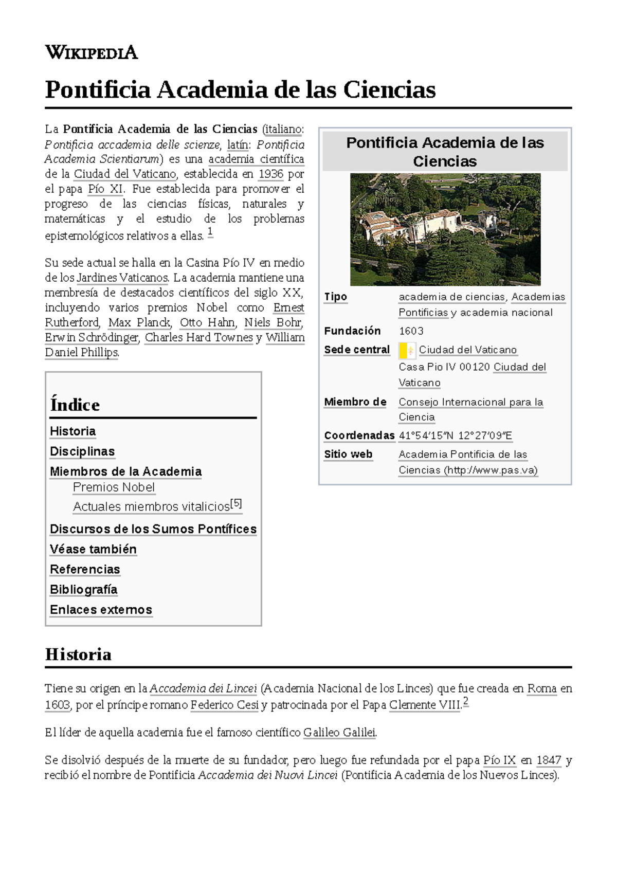 Pontificia Academia de las Ciencias - Fue establecida para promover el ...