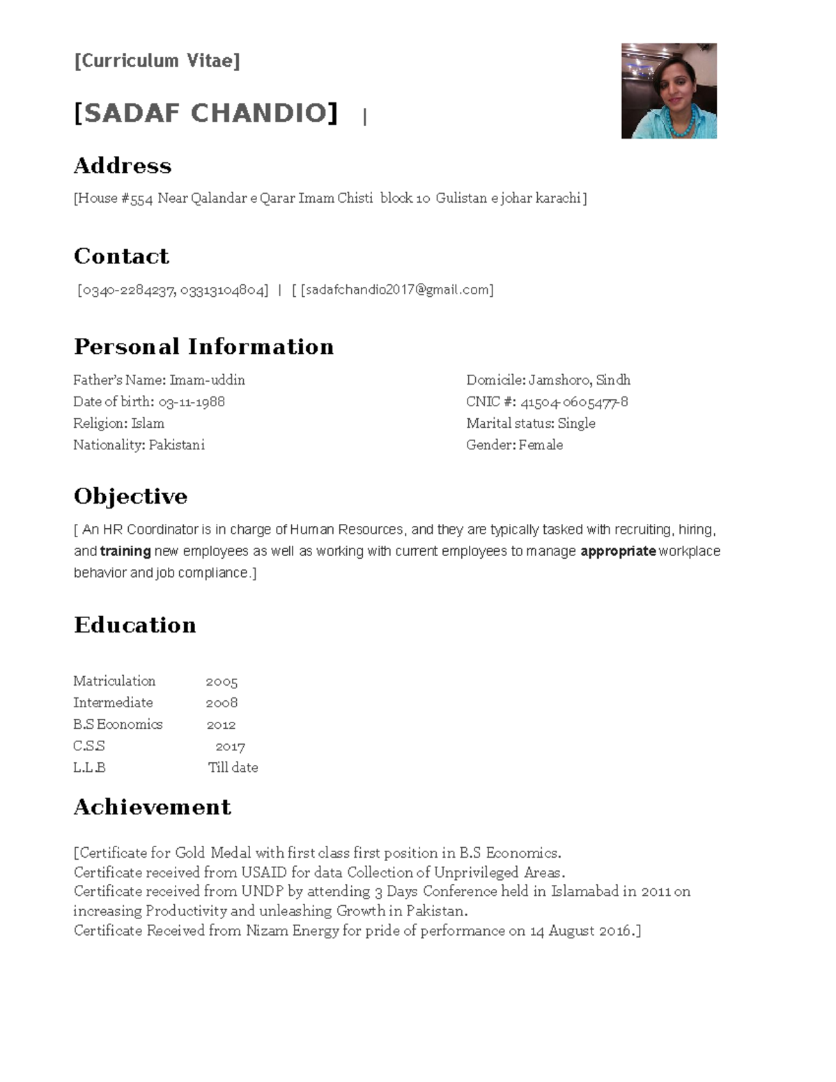 Sadaf Chandio-1 Resume - [Curriculum Vitae] [ SADAF CHANDIO] | Address ...