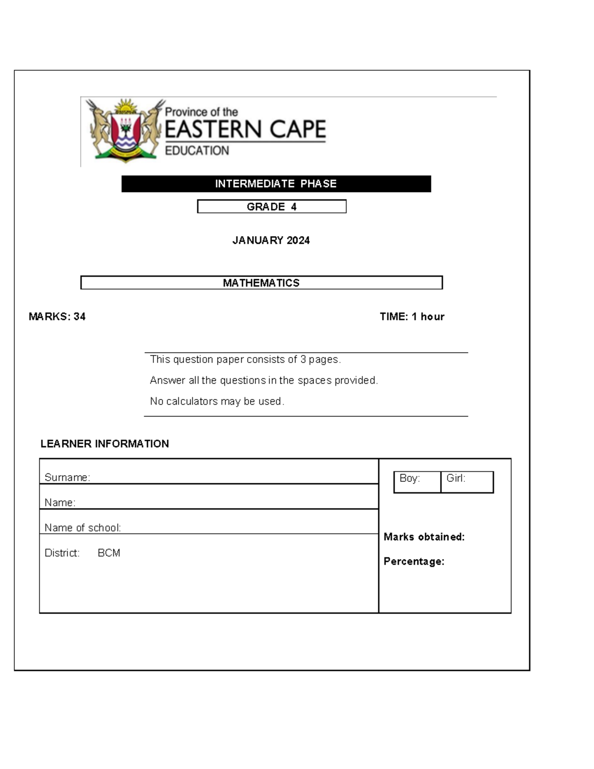 Grade 4 Baseline Assessment JAN 2024 - INTERMEDIATE PHASE GRADE 4 ...