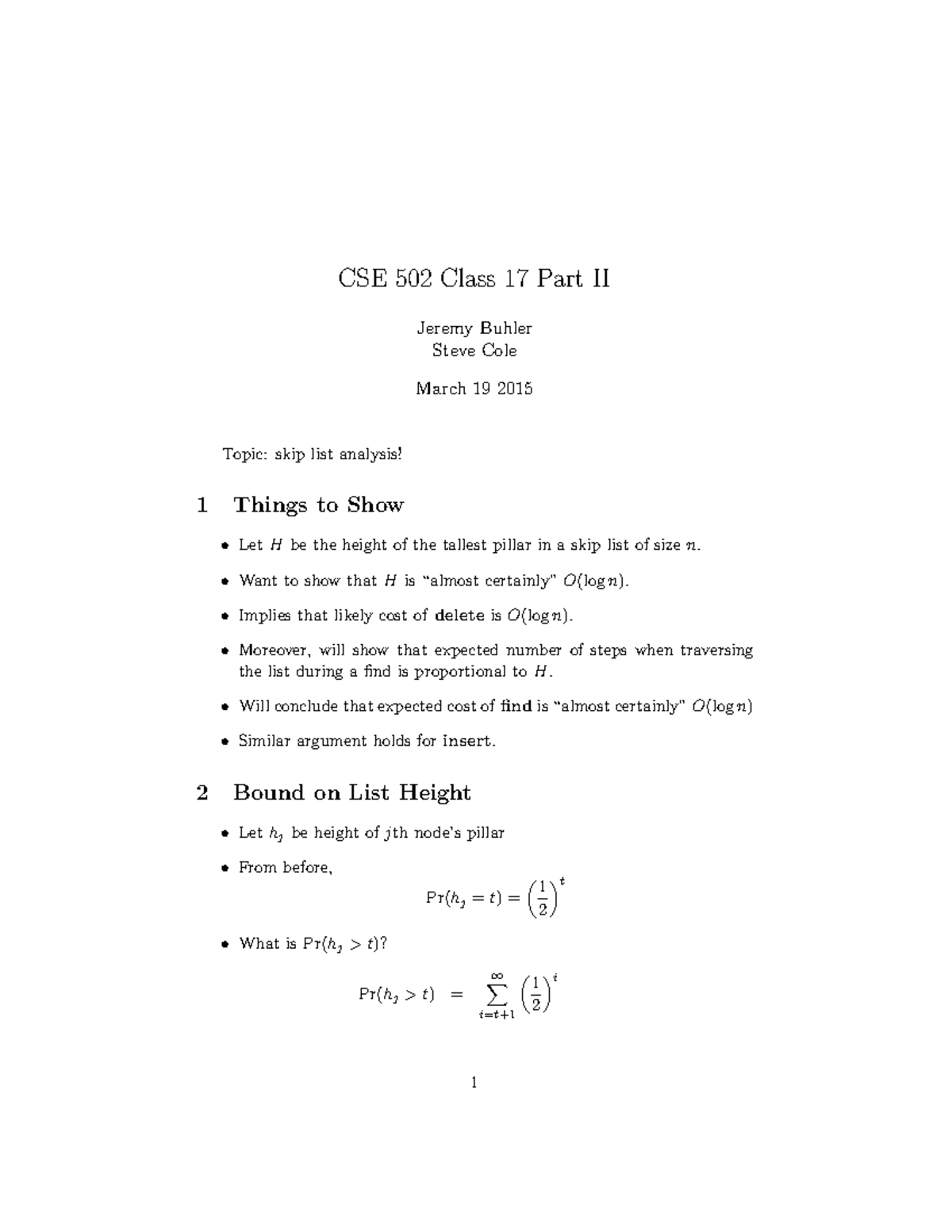 Cse502 2014 2015 Lecture Notes 17b Skip Lists Cse 502 Class 17 Part Ii Jeremy Buhler Steve