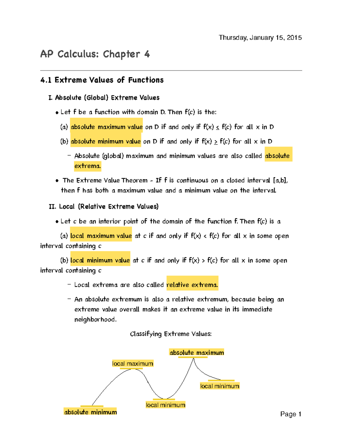 Calculus: Chapter 4 Outline - AP Calculus: Chapter 4 4 Extreme Values ...