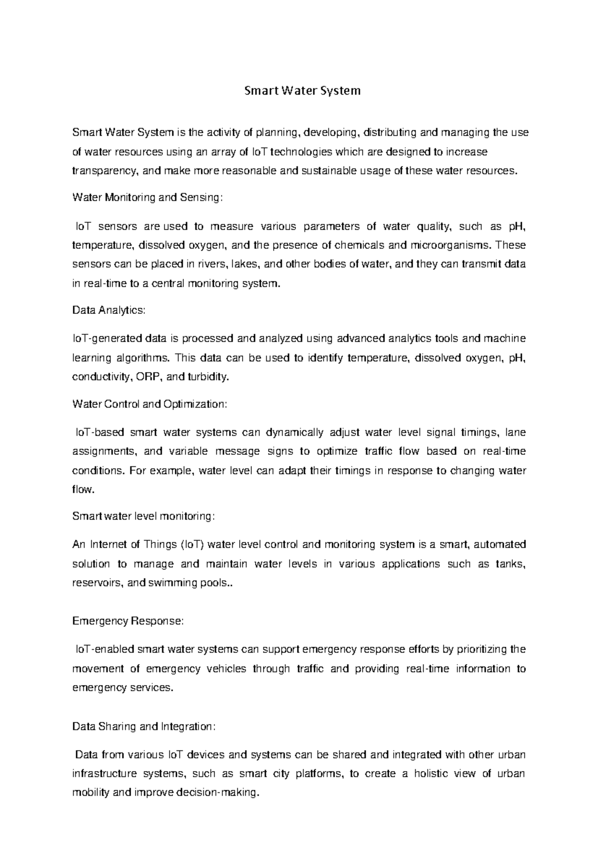 Smart Water System - Summary Design project - Smart Water System Smart ...