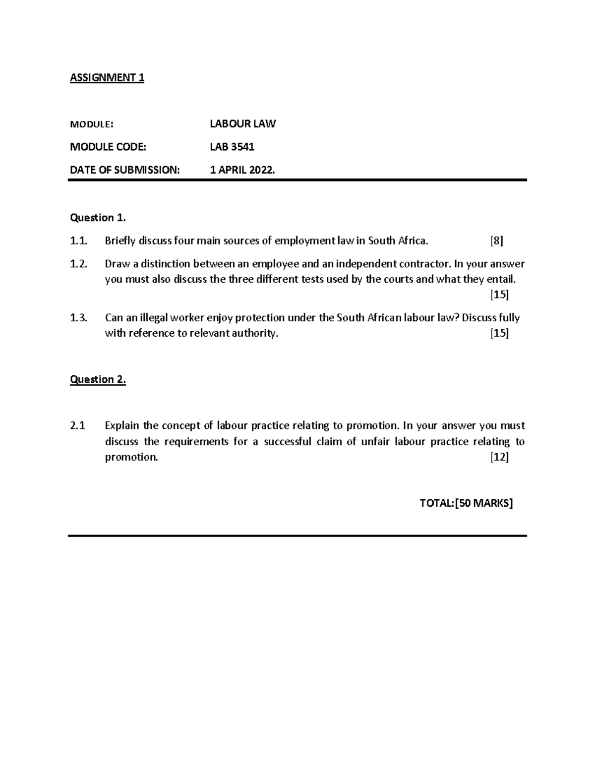 Assignment 1 LAB3541 2022 - ASSIGNMENT 1 MODULE: LABOUR LAW MODULE CODE ...