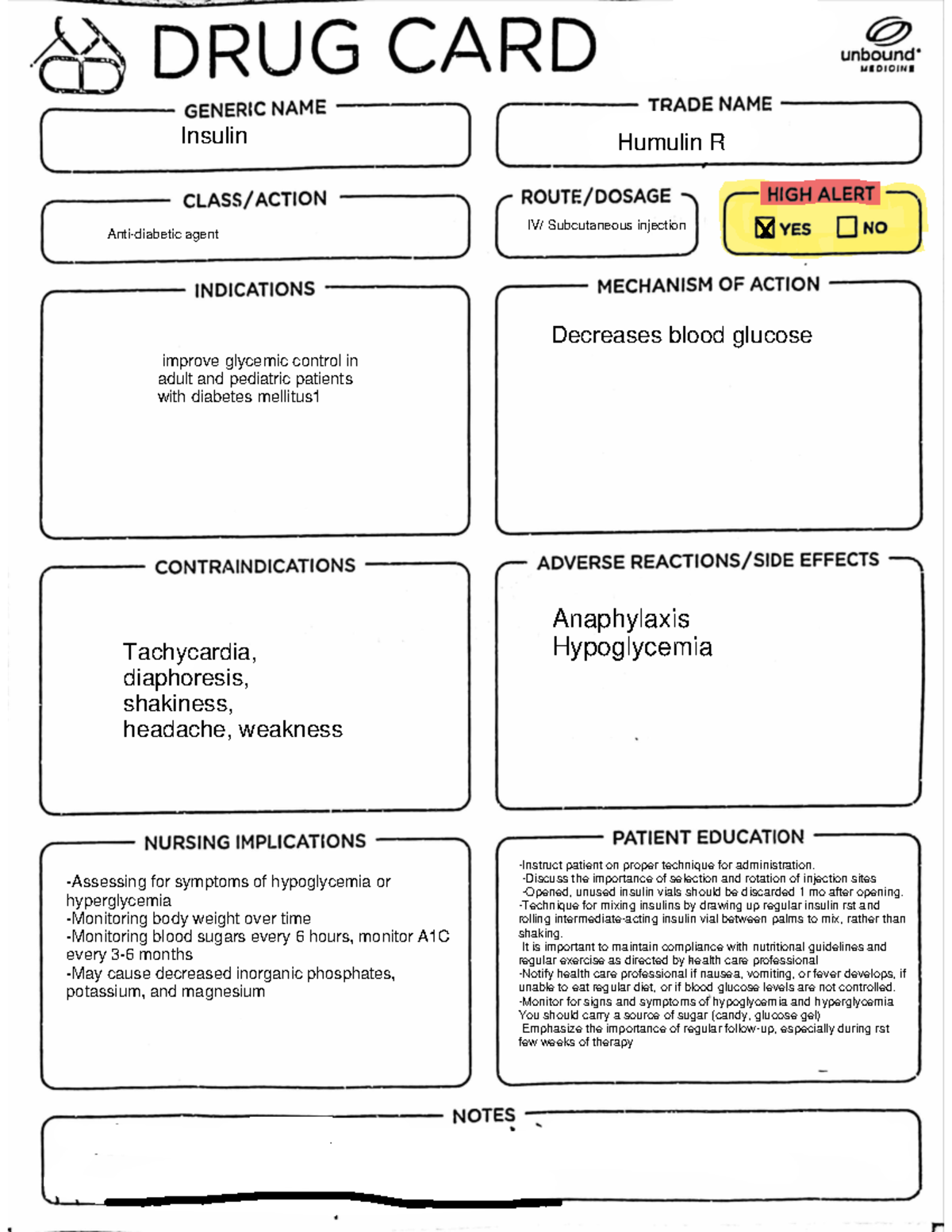 Humulin drug card - drug card - NUR 120 - Studocu