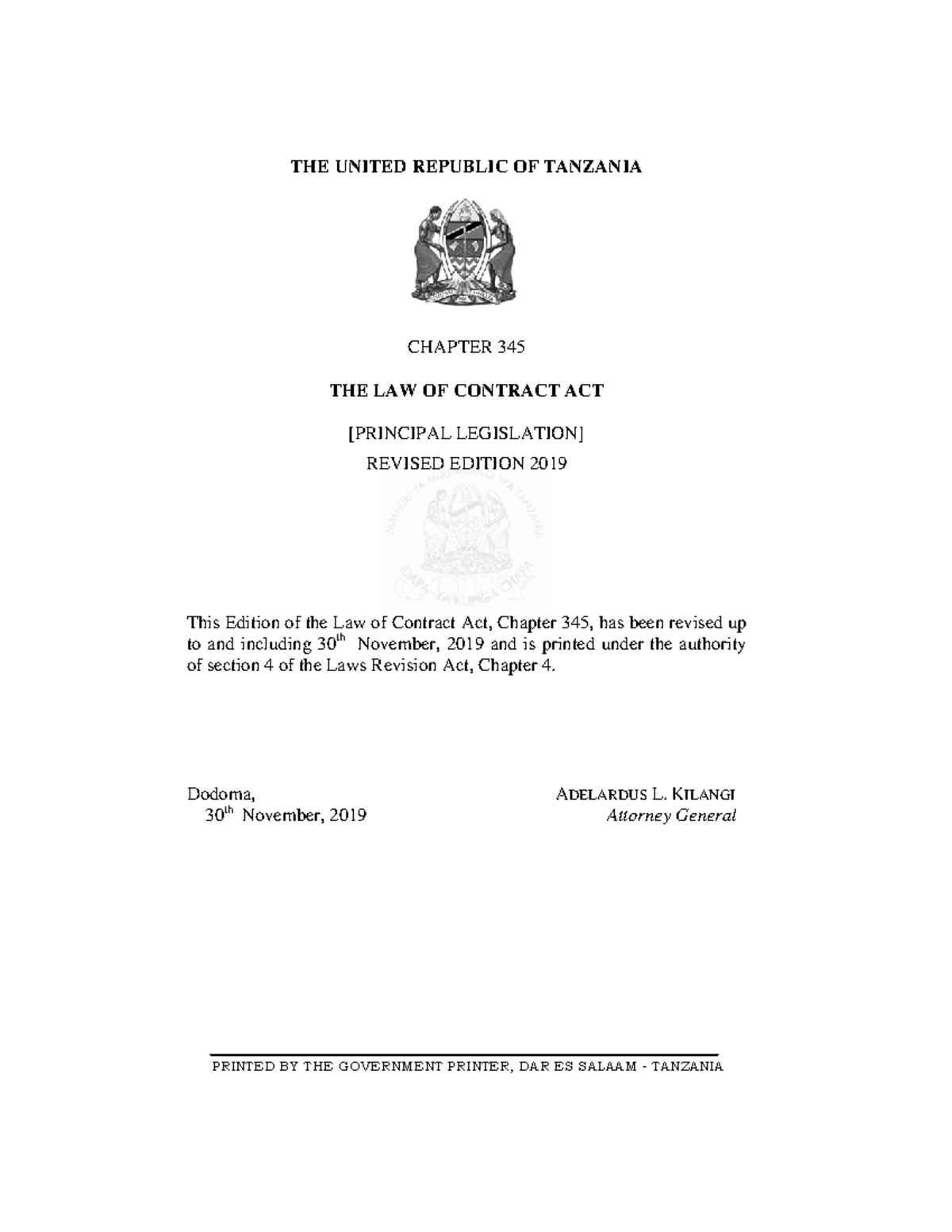 The Law of Contract Act - Dodoma, ADELARDUS L. KILANGI 30 th November ...