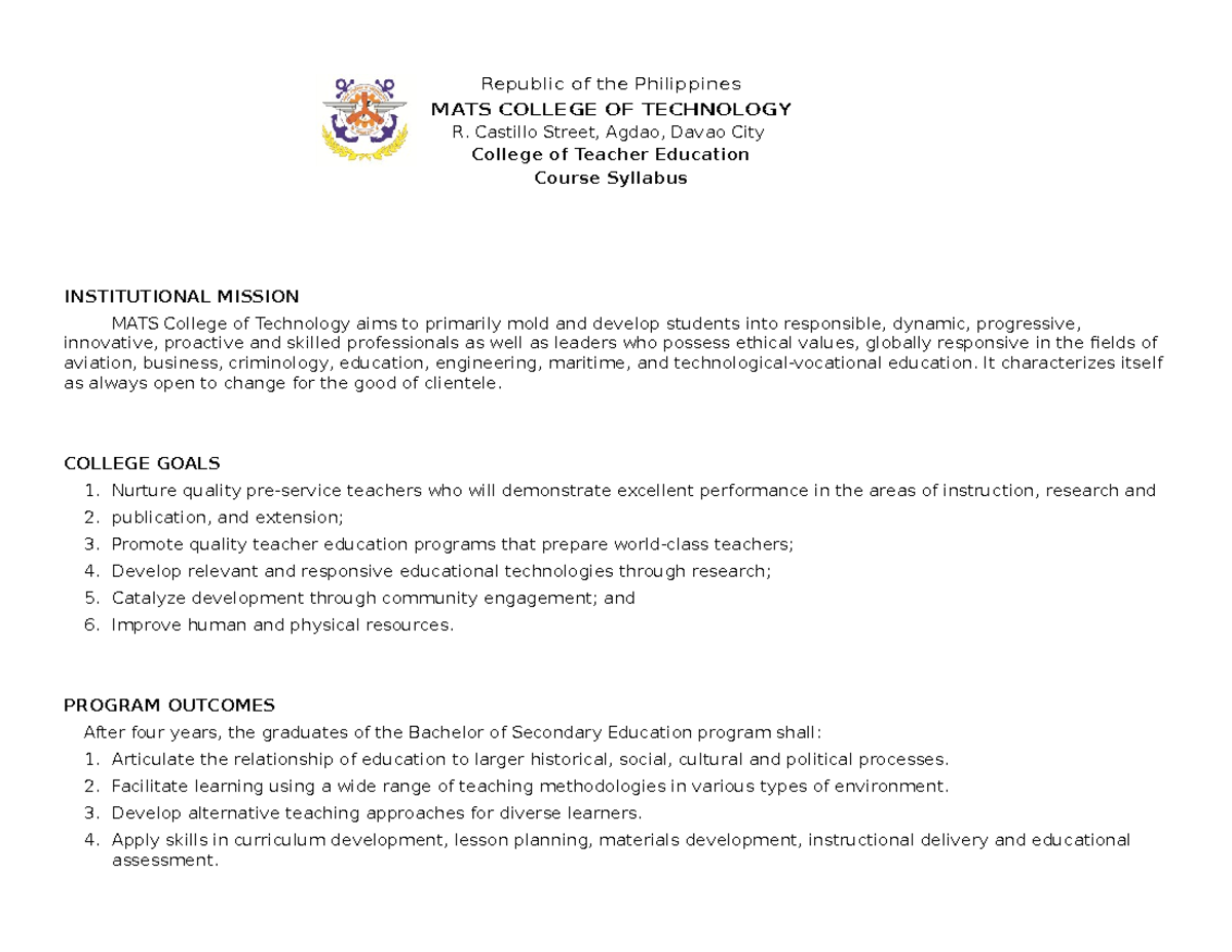 Language Learning Materials Syllabus 2nd Sem 2021-2022 - Republic of the Philippines MATS ...