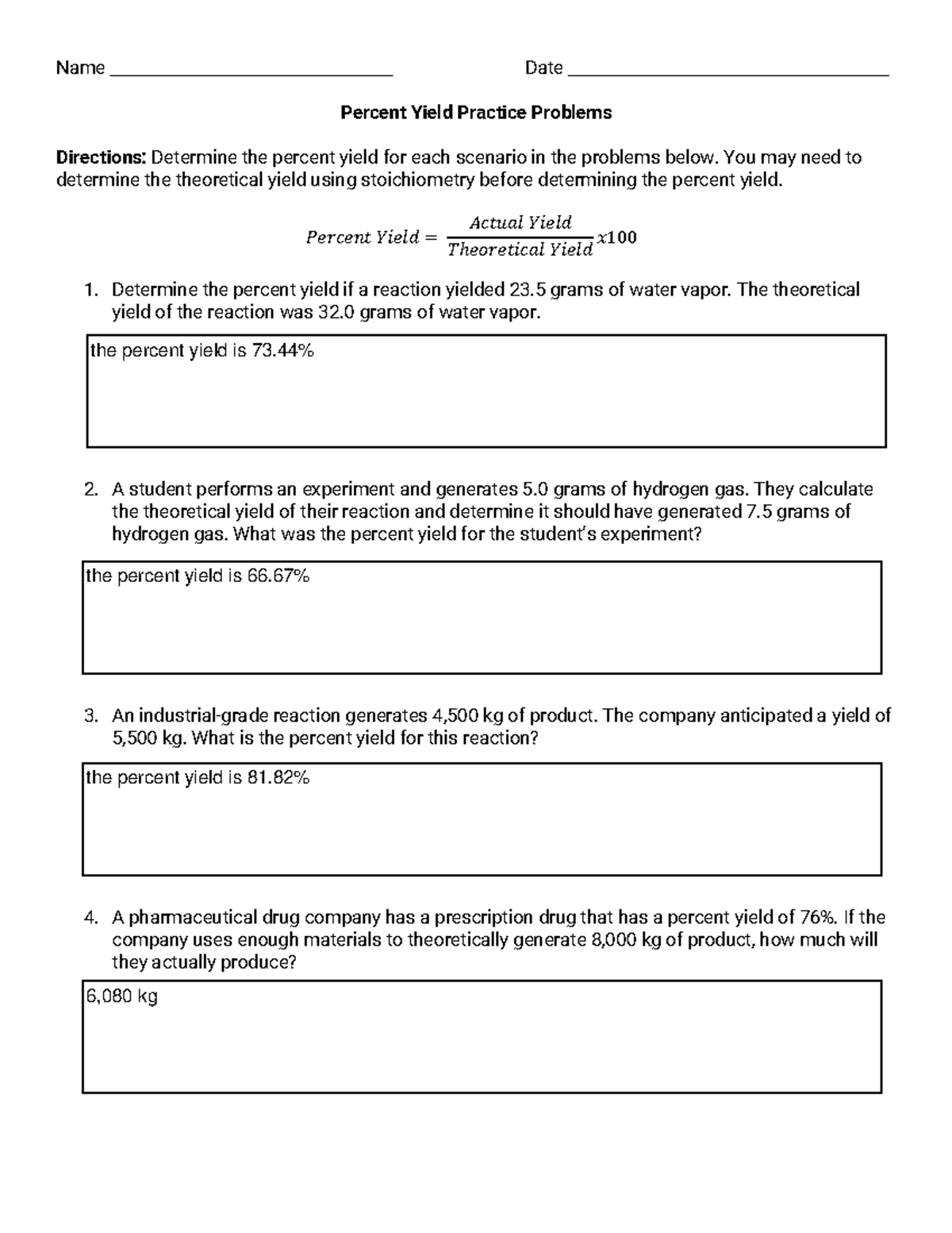 Percent+Yield+Practice+Problems+v2 - Name Date Percent Yield Practice ...