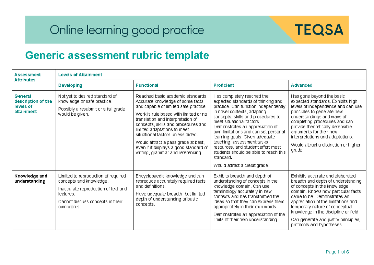 Generic assessment rubric template - Generic assessment rubric template ...