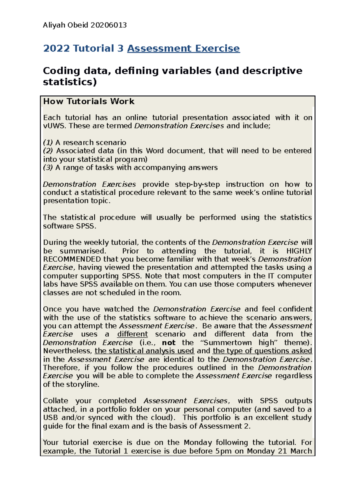 20206013 tutorial 3 exercise - 2022 Tutorial 3 Assessment Exercise Coding data, defining ...