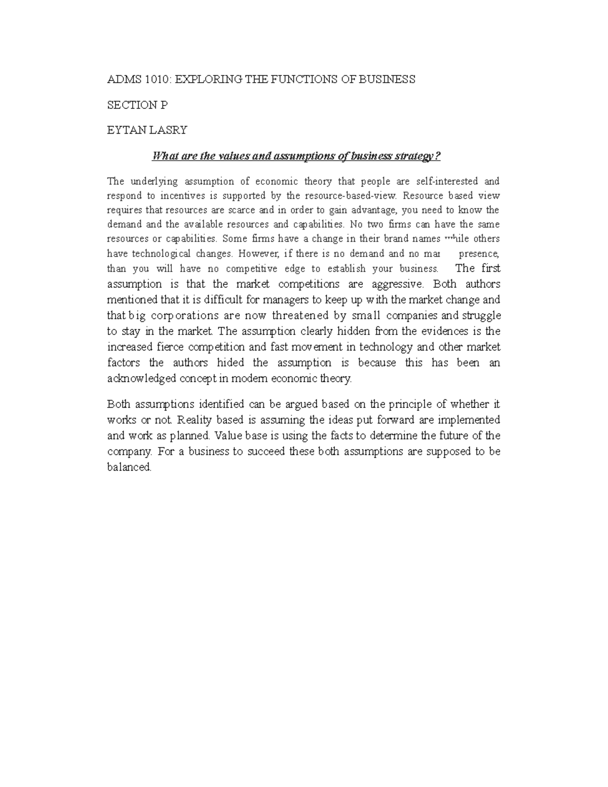 ADMS 1010 Assignment 4 - ADMS 1010: EXPLORING THE FUNCTIONS OF BUSINESS SECTION P EYTAN LASRY ...