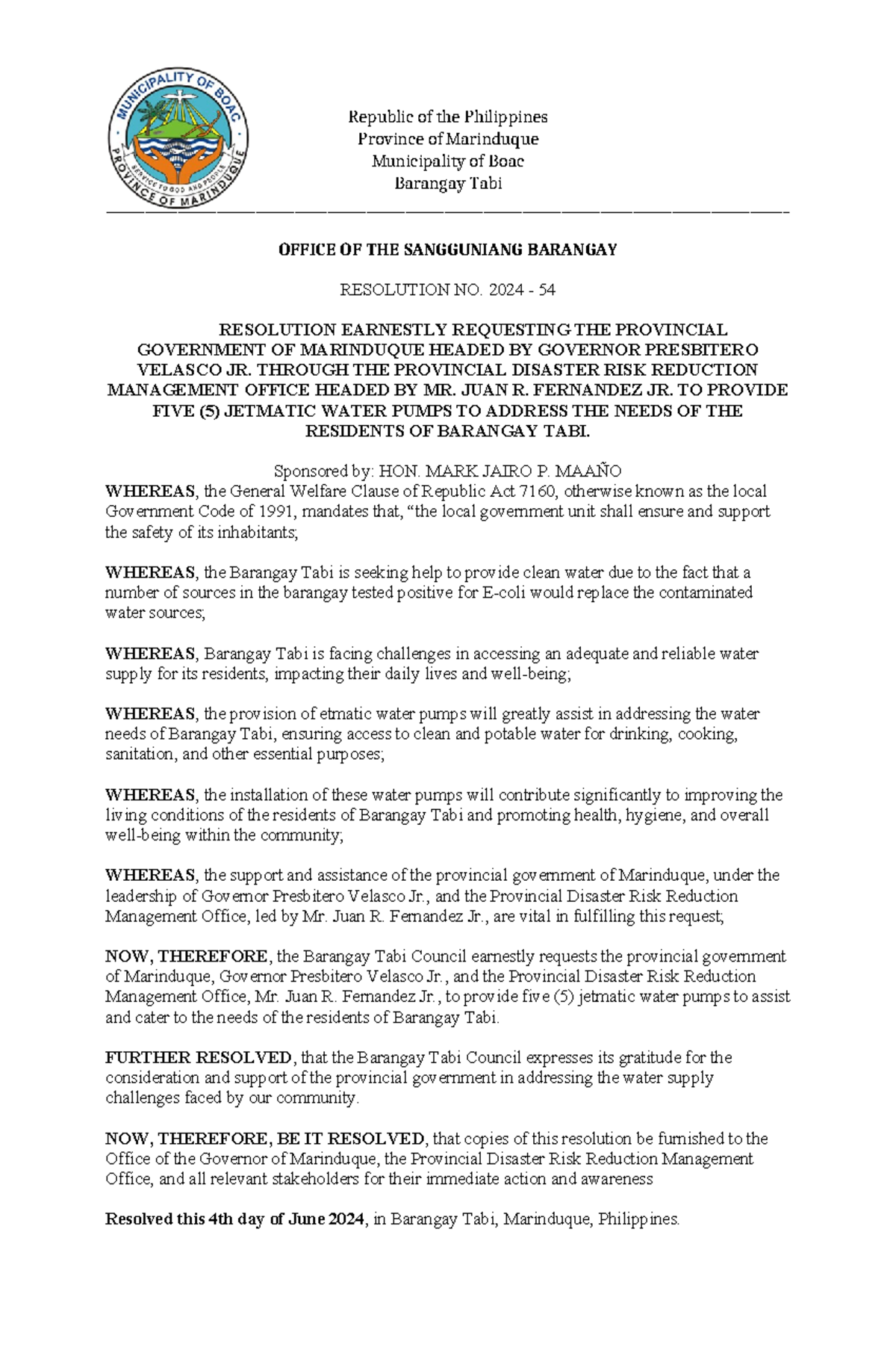 Resolution jetmatic - Republic of the Philippines Province of ...