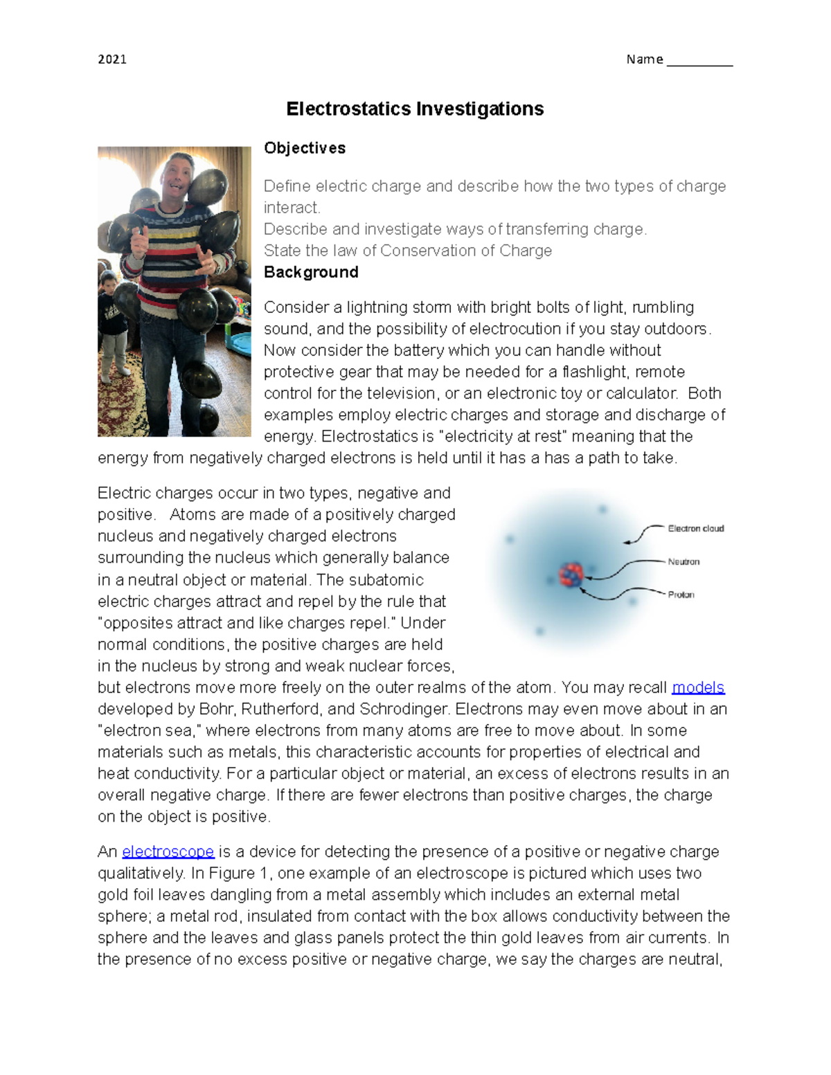 Lab 3- investigation - Electrostatics Investigations Objectives Define ...