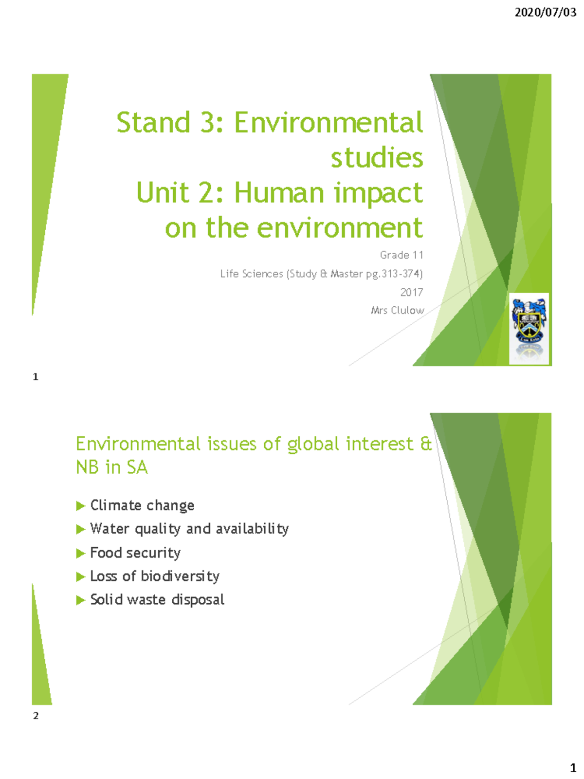 Gr11 Human impact on enviro CC - Stand 3: Environmental studies Unit 2 ...