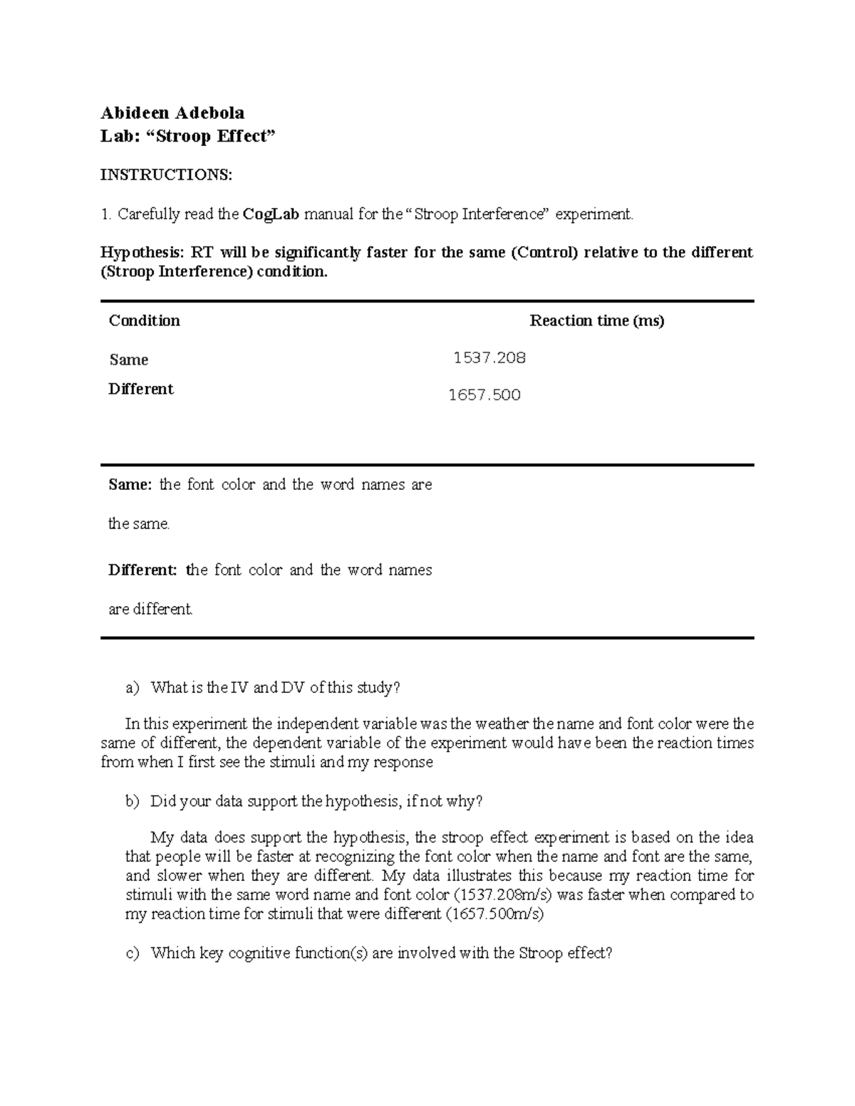 Stroop Assignment - Abideen Adebola Lab: “Stroop Effect” INSTRUCTIONS ...