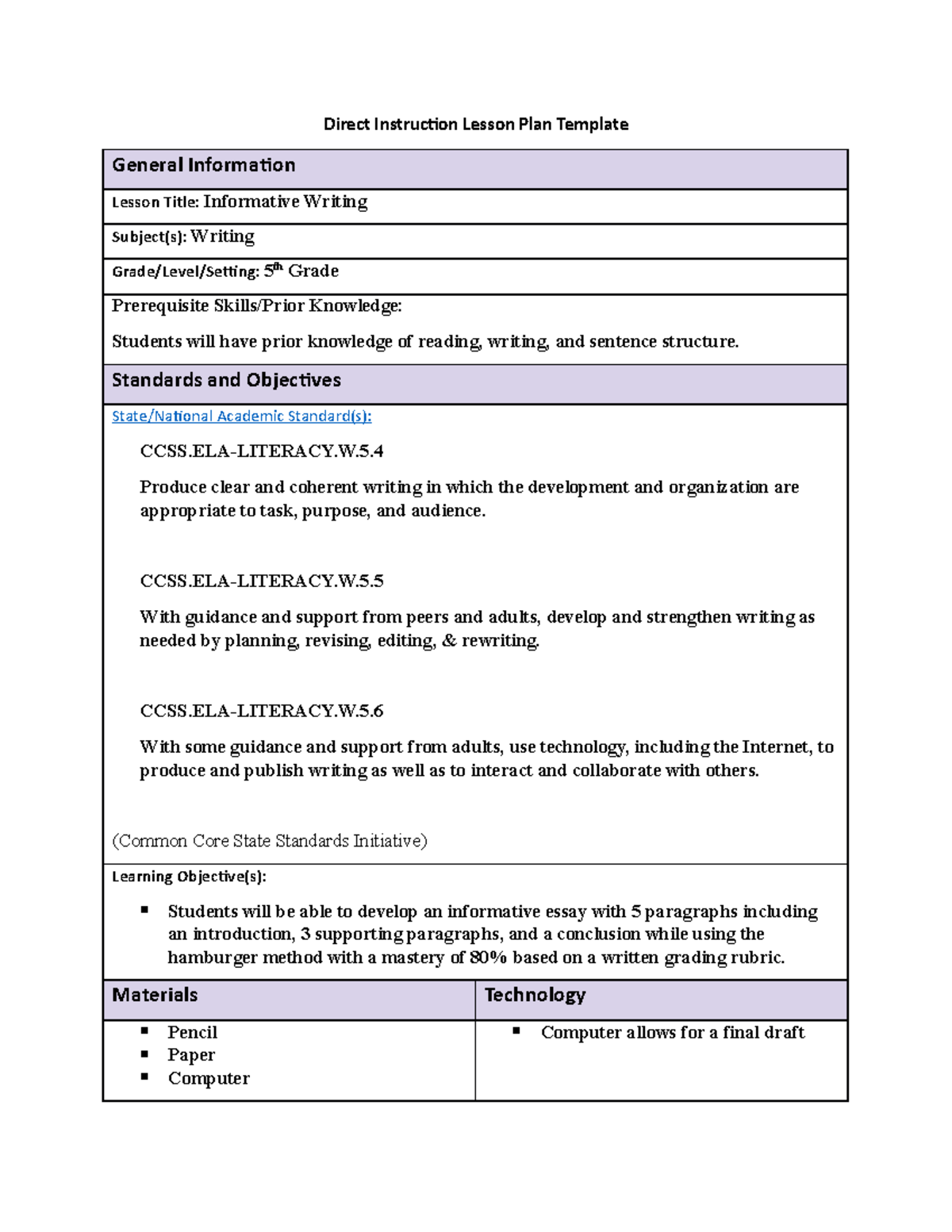 C365 direct instruction lesson plan Informative Writing - Direct Instruction Lesson Plan ...