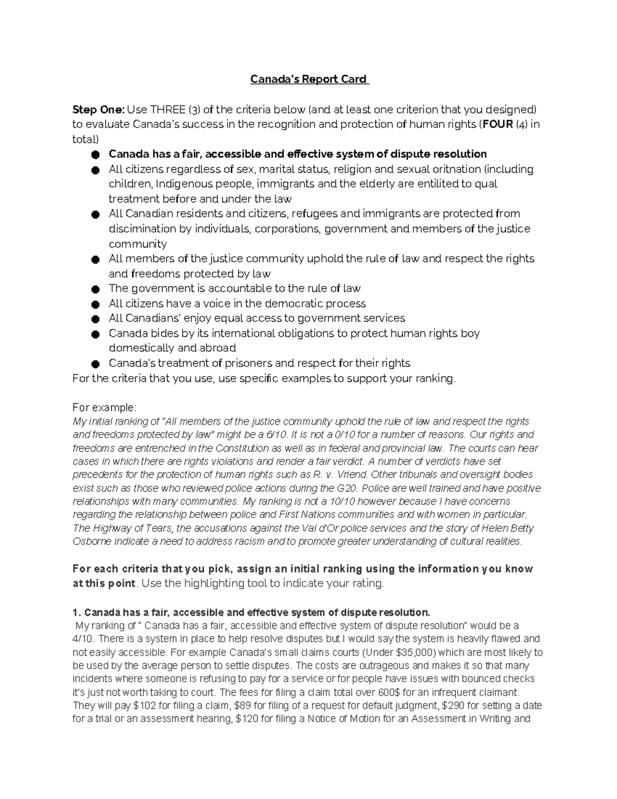 Canada's Report Card - Canada’s Report Card Step One: Use THREE (3) of ...